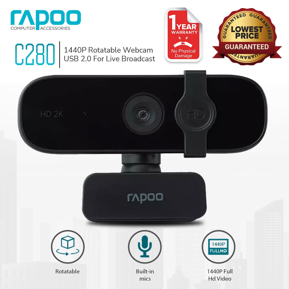 Rapoo C280 2K HD USB Webcam with Noise Cancelling Mic Swivel Camera for ...