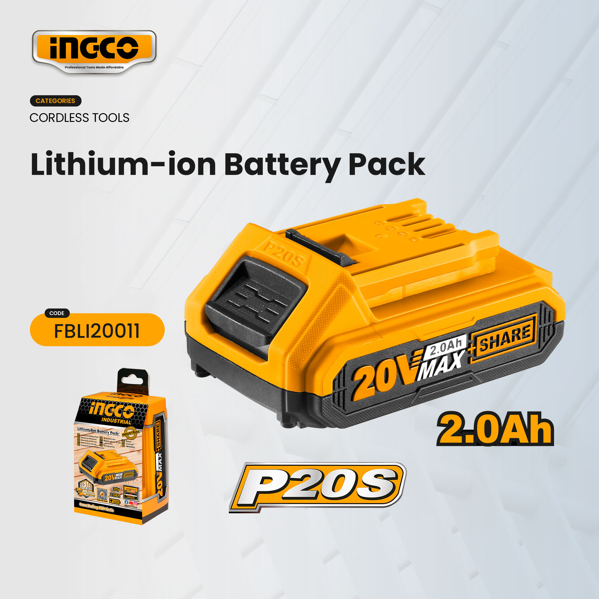 INGCO 20V Lithium-Ion Battery Pack 2.0Ah P20S POWERSHARE FBLI20011 ICPT ...