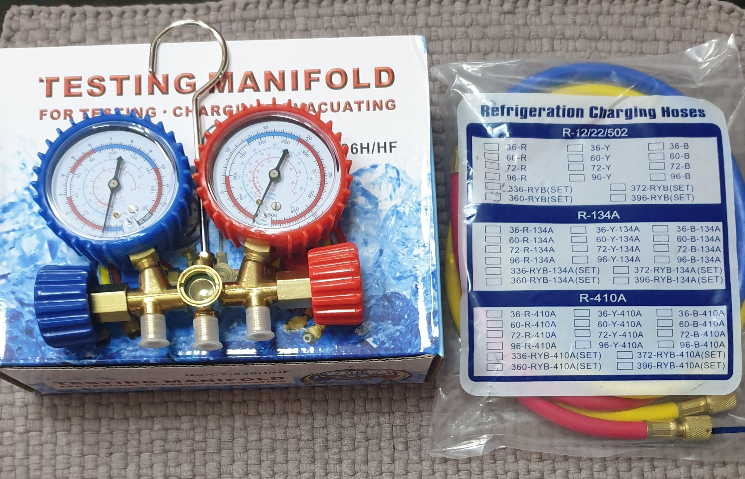 Brass Refrigerant Testing Manifold Gauge w/ Hose and attachable Hook ...