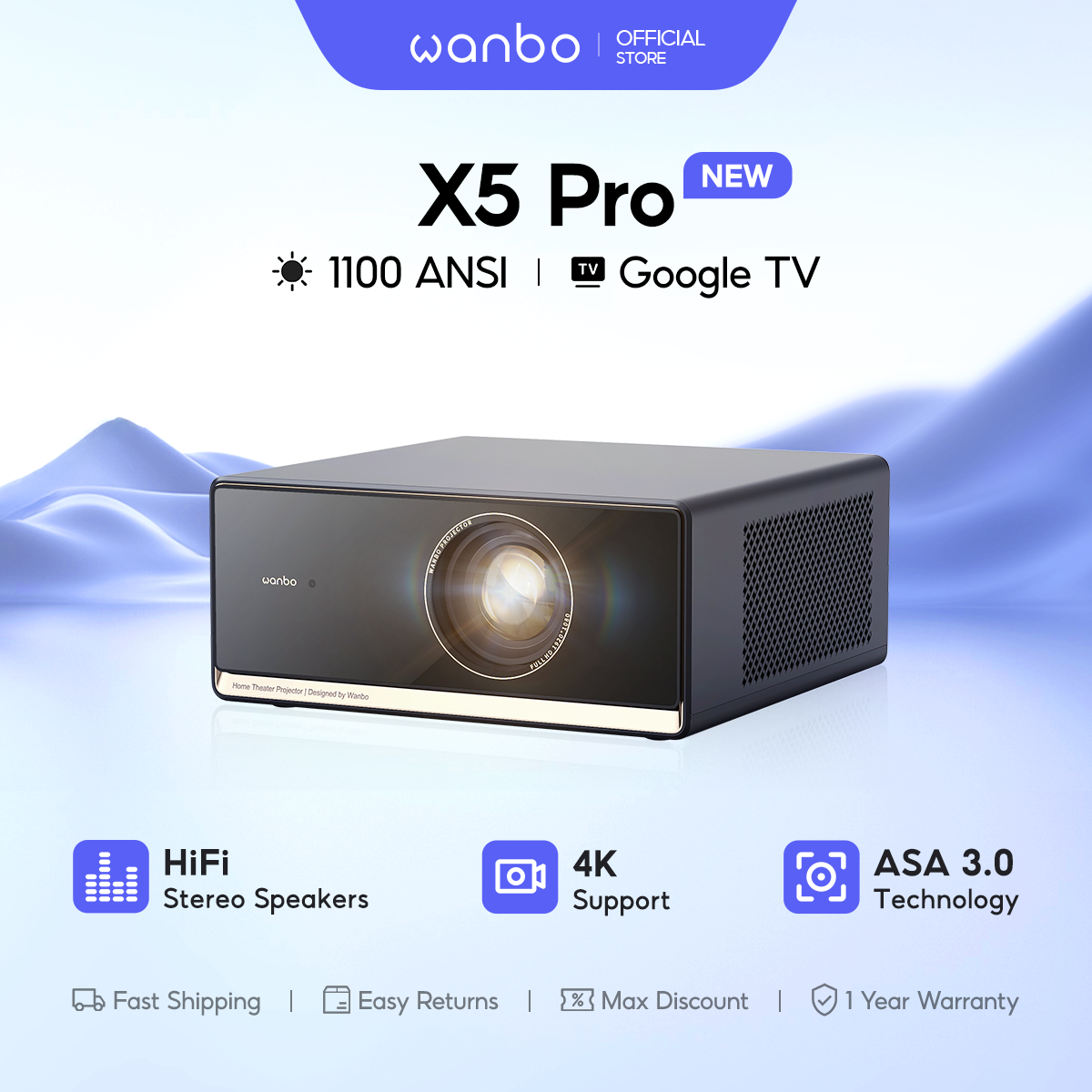 【Upgraded】 Wanbo X5 Pro 1100ANS Smart Projector Google TV Support 4K ...