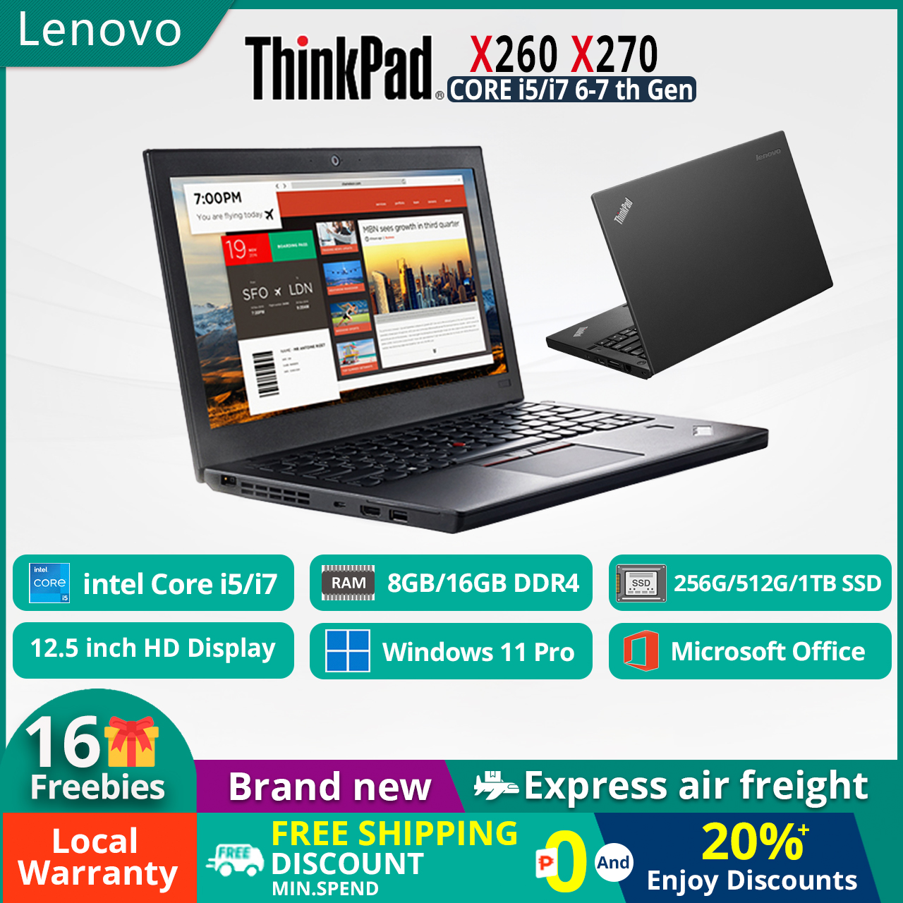 Lenovo ThinkPad X260 X270 laptop - Ultrabook 12.5" / Intel Core i5 i7 / 16GB RAM DDR4 / 512G 1TB ...