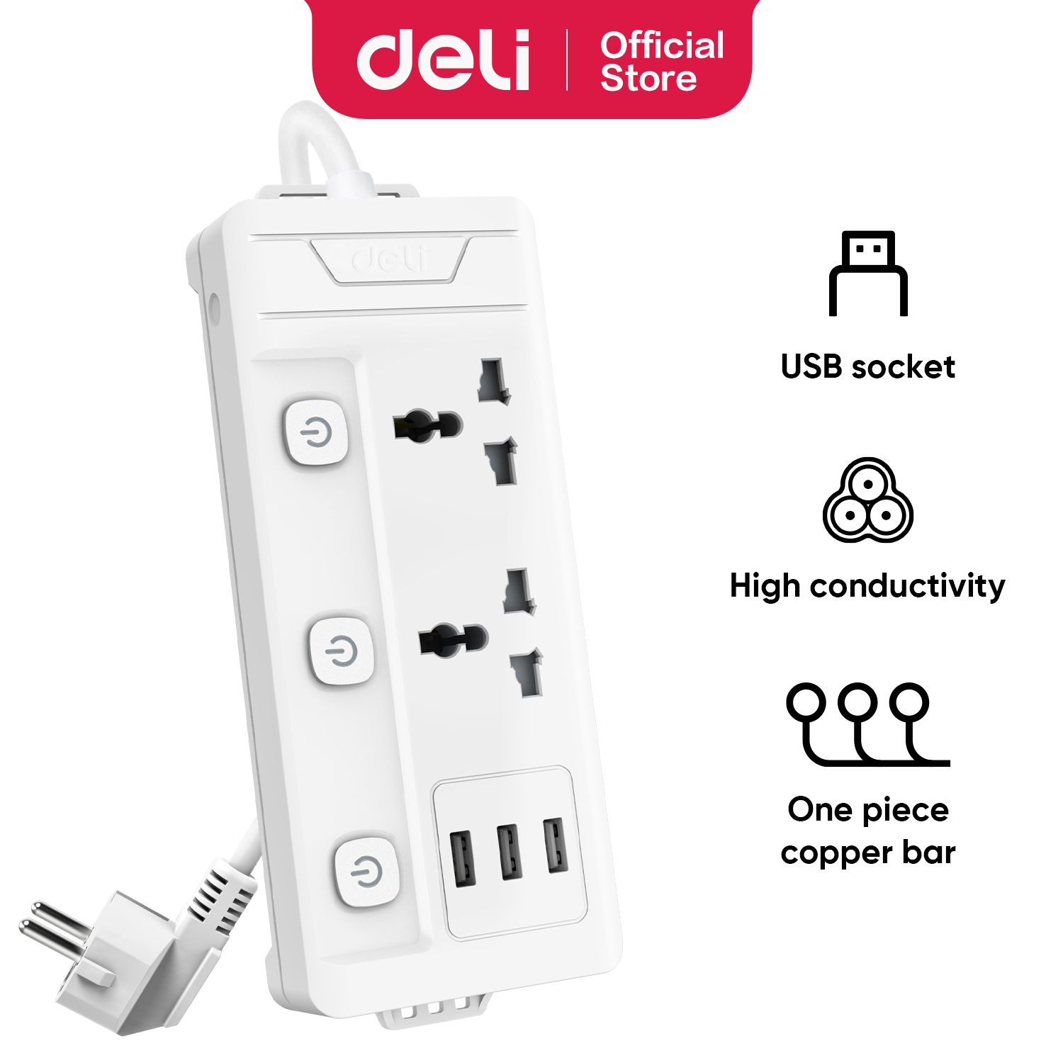 Deli 2M Universal Extension Socket Power Socket With independent Switch USB Socket Extension ...