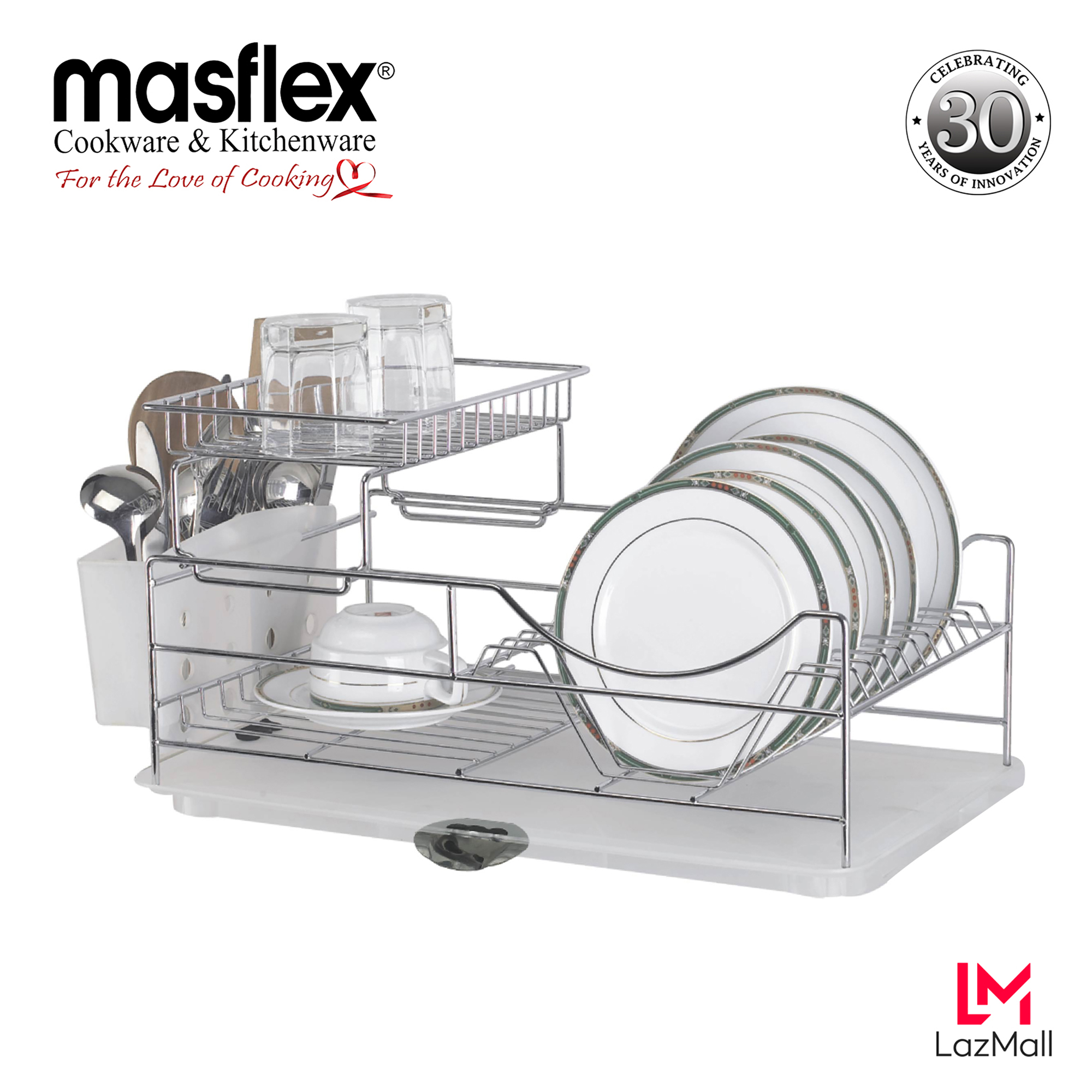 Masflex Dish Drainer with Extra Tray L 48.5 cm x W 29.8 cm x H 25.5 cm ...