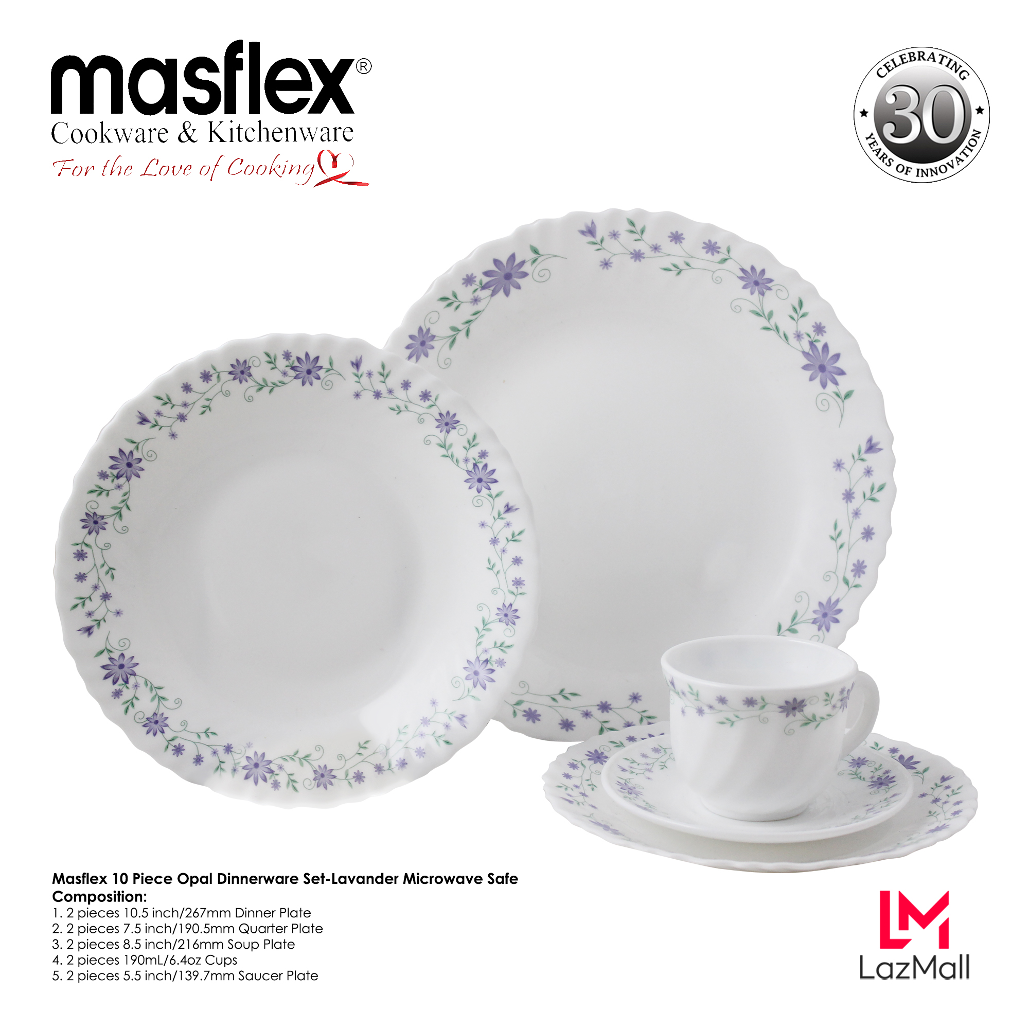 Masflex 10 piece Opal Dinnerware Set in Lavender Made of Tempered Glass ...