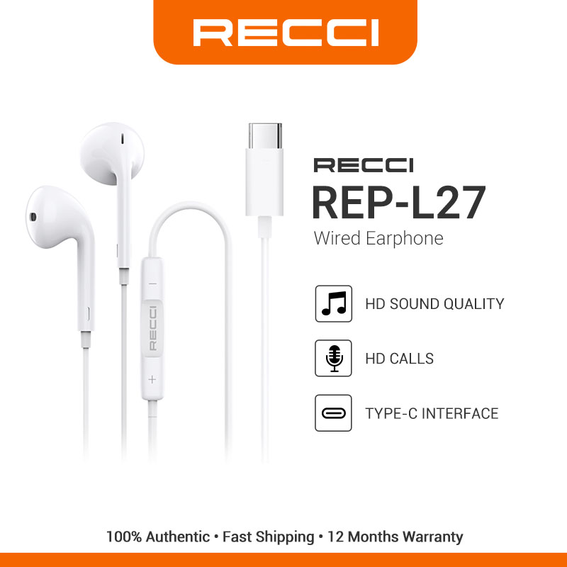 Recci REP-L27 Type-C Wired Earphone, 120cm Length HD Sound Quality ...