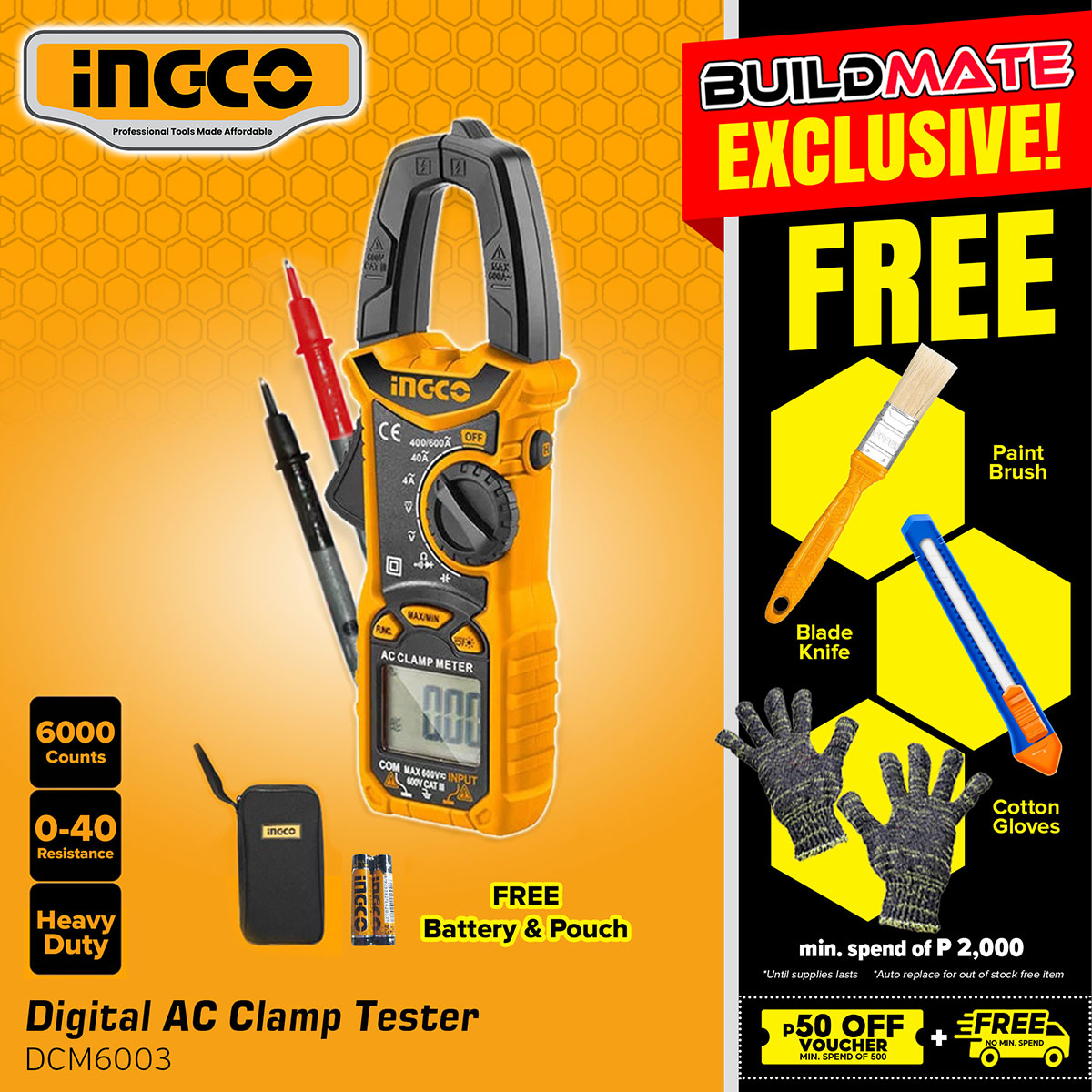 BUILDMATE Ingco 6000 Counts TRUE RMS Digital Clamp Meter Multimeter ...