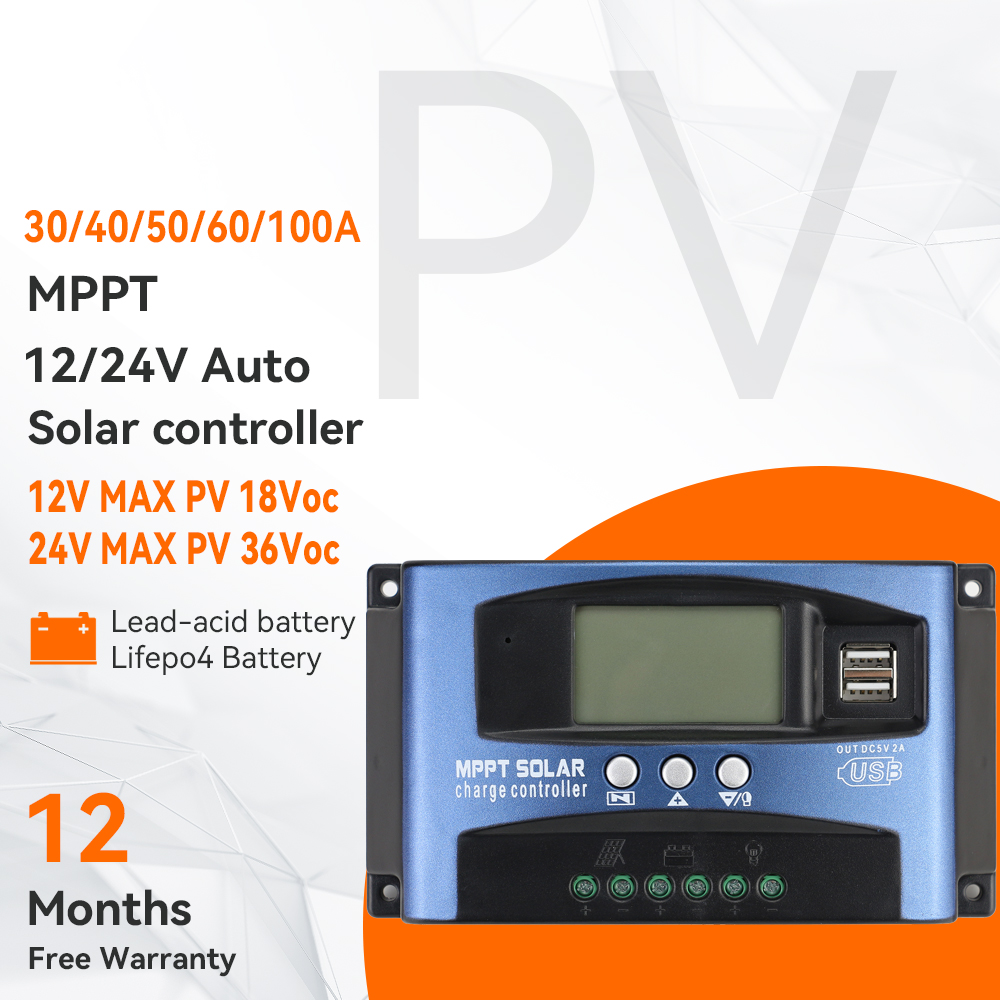 MPPT Solar Charge Controller 30A 40A 50A 60A 100A Dual USB LCD Display Auto 12V 24V Solar Cell ...