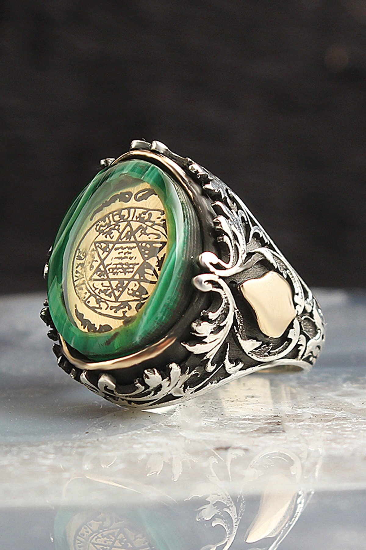 Unique ring for men Seal of Solomon Amber Stone 925 Sterling Silver Men ...