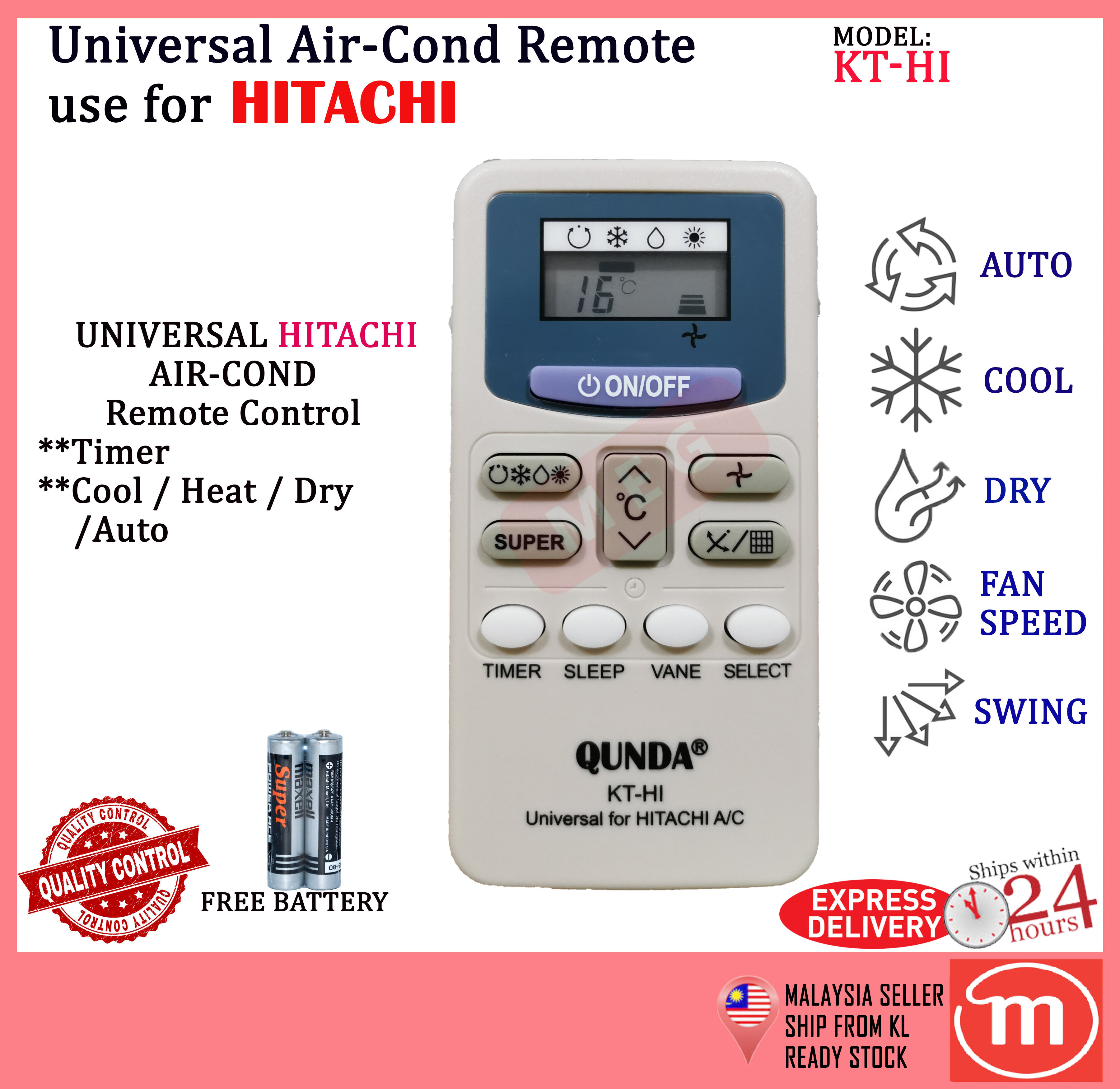 HITACHI AIR COND REMOTE CONTROL MULTI REPLACEMENT QUNDA (KT-HI) AIRCOND ...