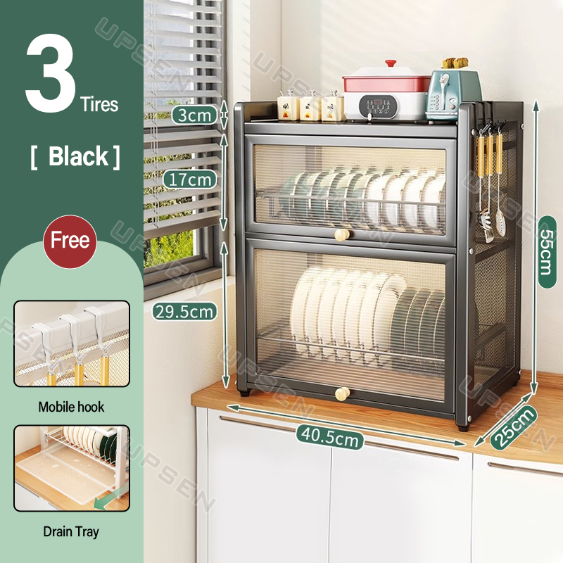 【Free Shipping】UPSEN🔥🔥2/3 Tier Dish Rack With Cover Dust-proof Insect ...