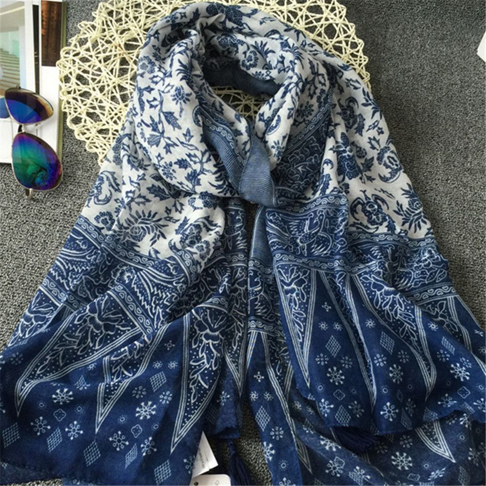 HHGY ย้อนยุค ความสง่างาม พิมพ์ 110180ซม. ผ้าคลุมไหล่ ใหญ่ พอร์ซเลนสีน้ำ ...