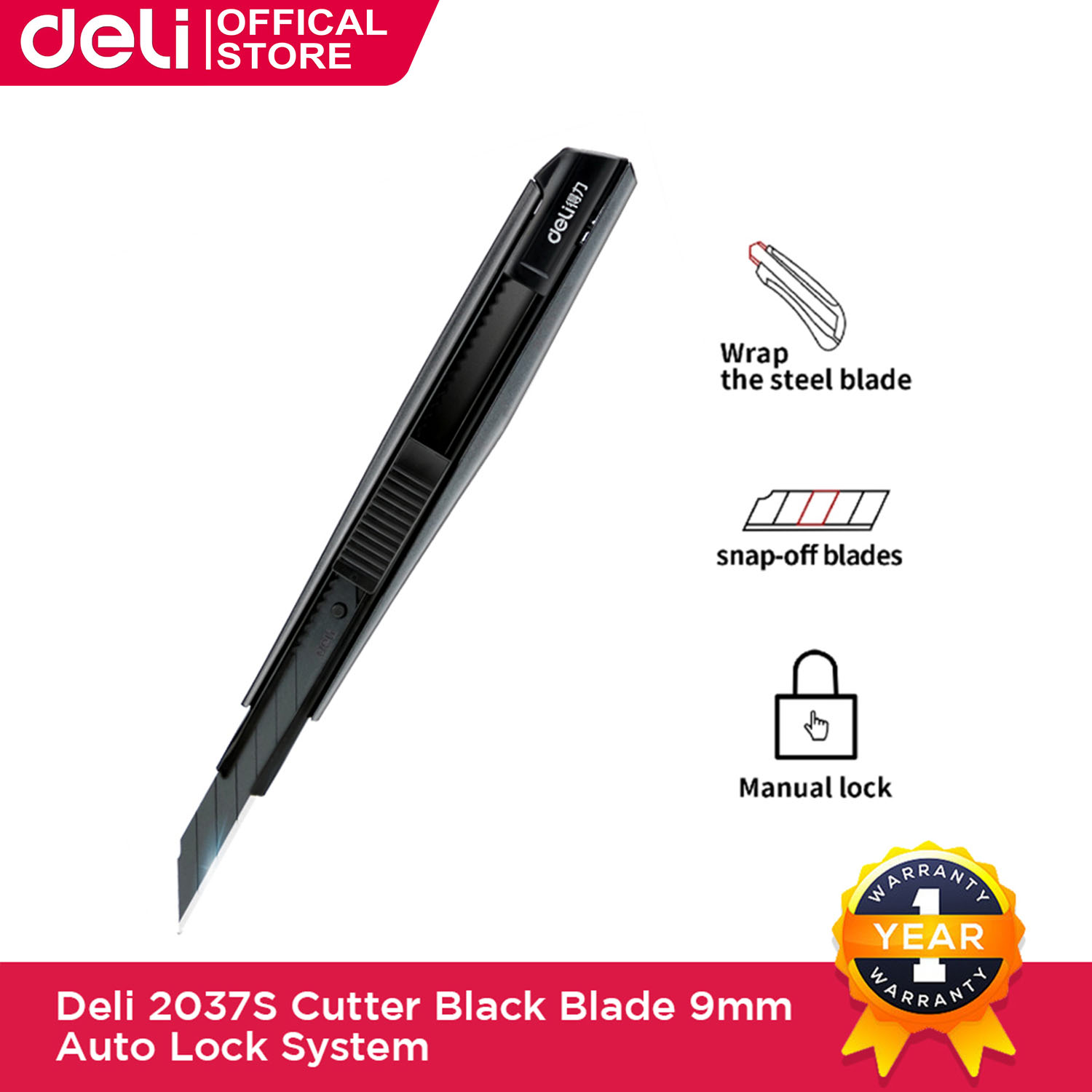 Deli Cutter Utility Knife Black Blade 9mm Auto Lock System 2037S ...