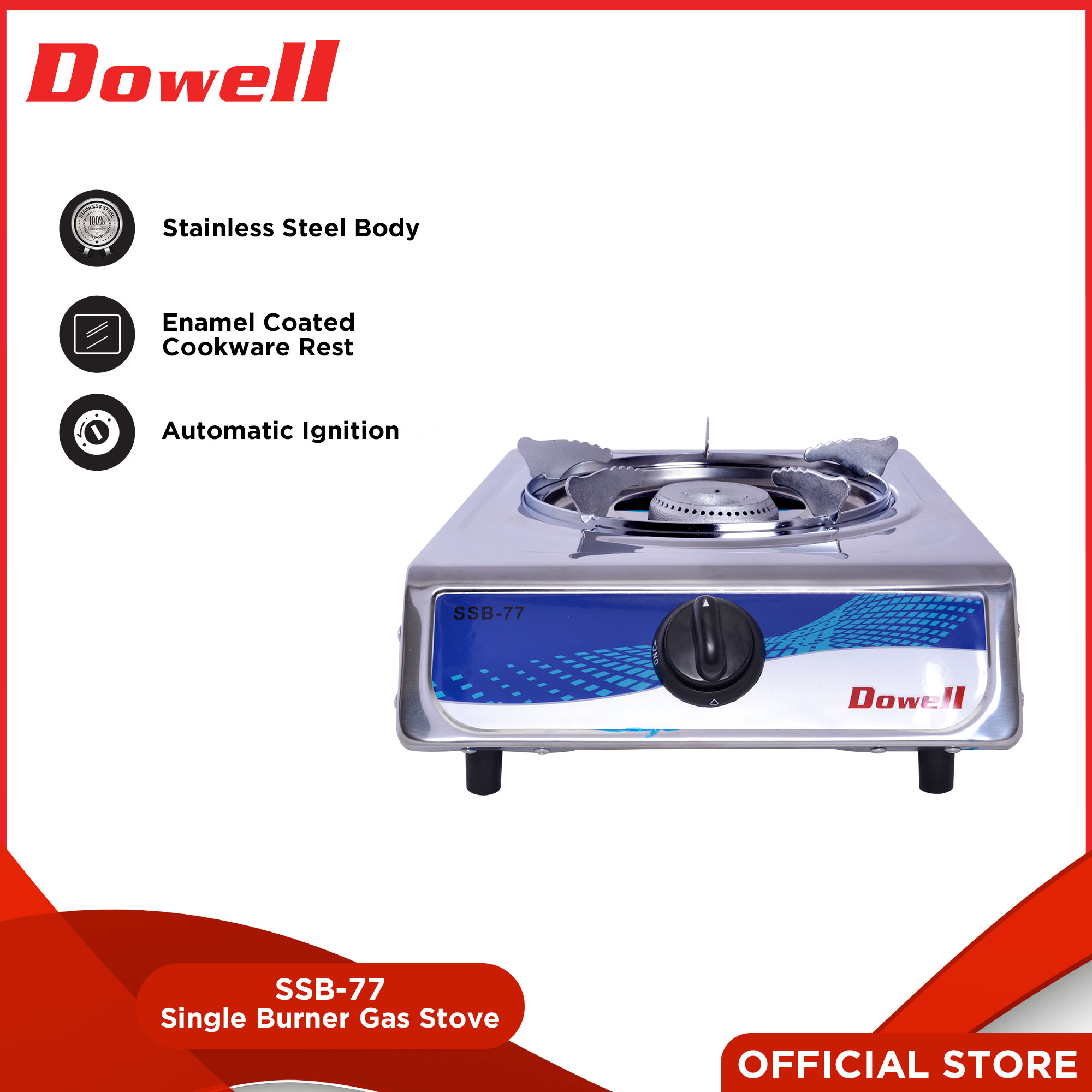 Dowell SSB-77 Single Burner Gas Stove Stainless Body Automatic Ignition ...