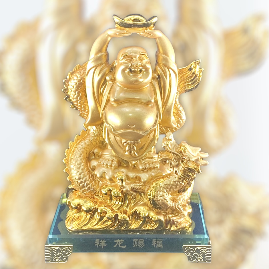 Feng Shui Golden Laughing Buddha Holding Ingot With Dragon Statue ...