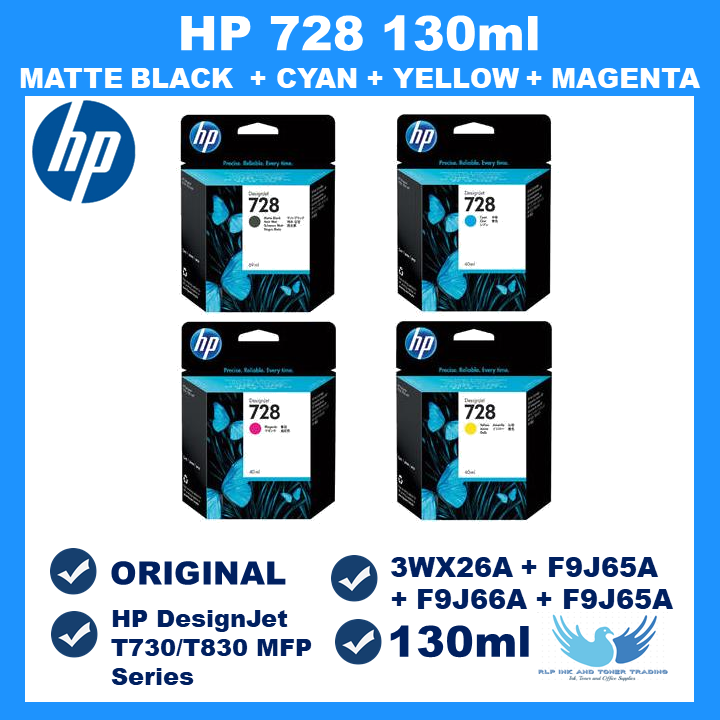 HP 728B Black and HP 728 Cyan, Yellow and Magenta 130ml Original Ink Cartridges 3WX26A + F9J65A ...