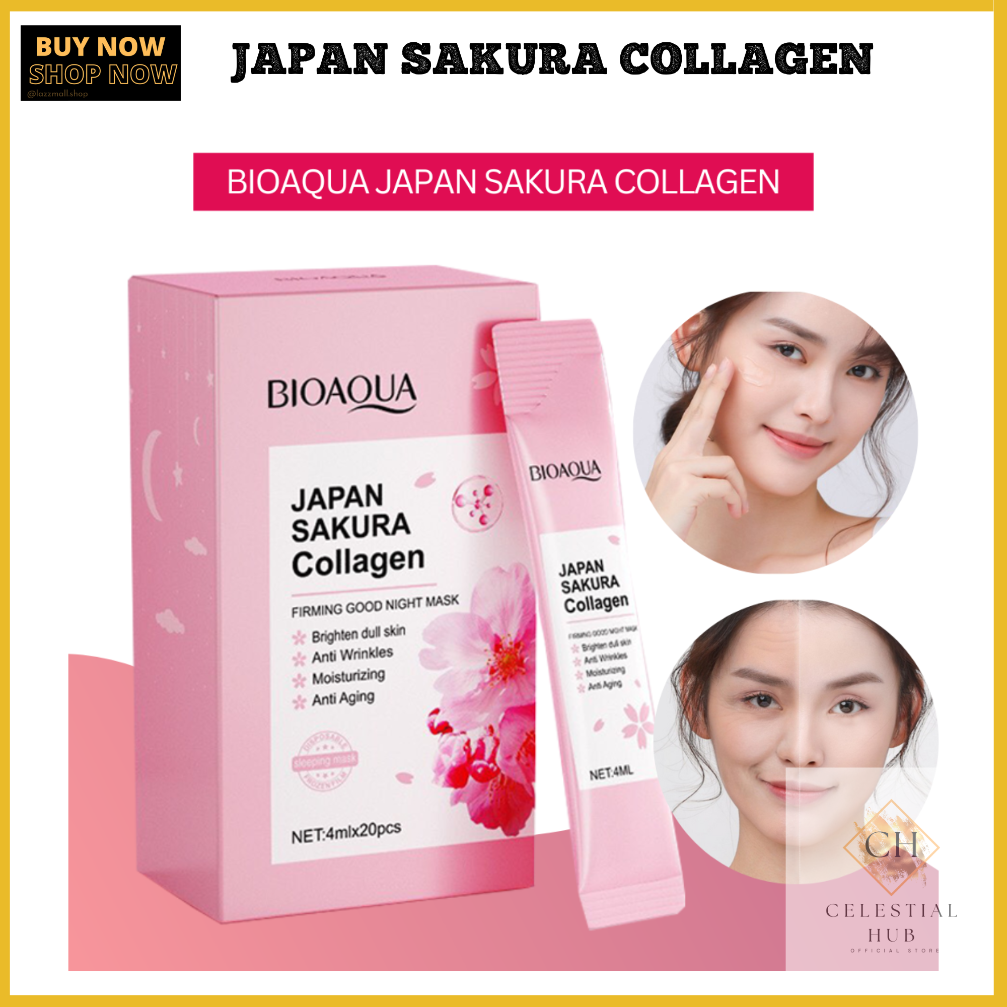 BIOAQUA 20 PCS JAPAN SAKURA COLLAGEN FIRMING GOODNIGHT MASK BRIGHTEN ...