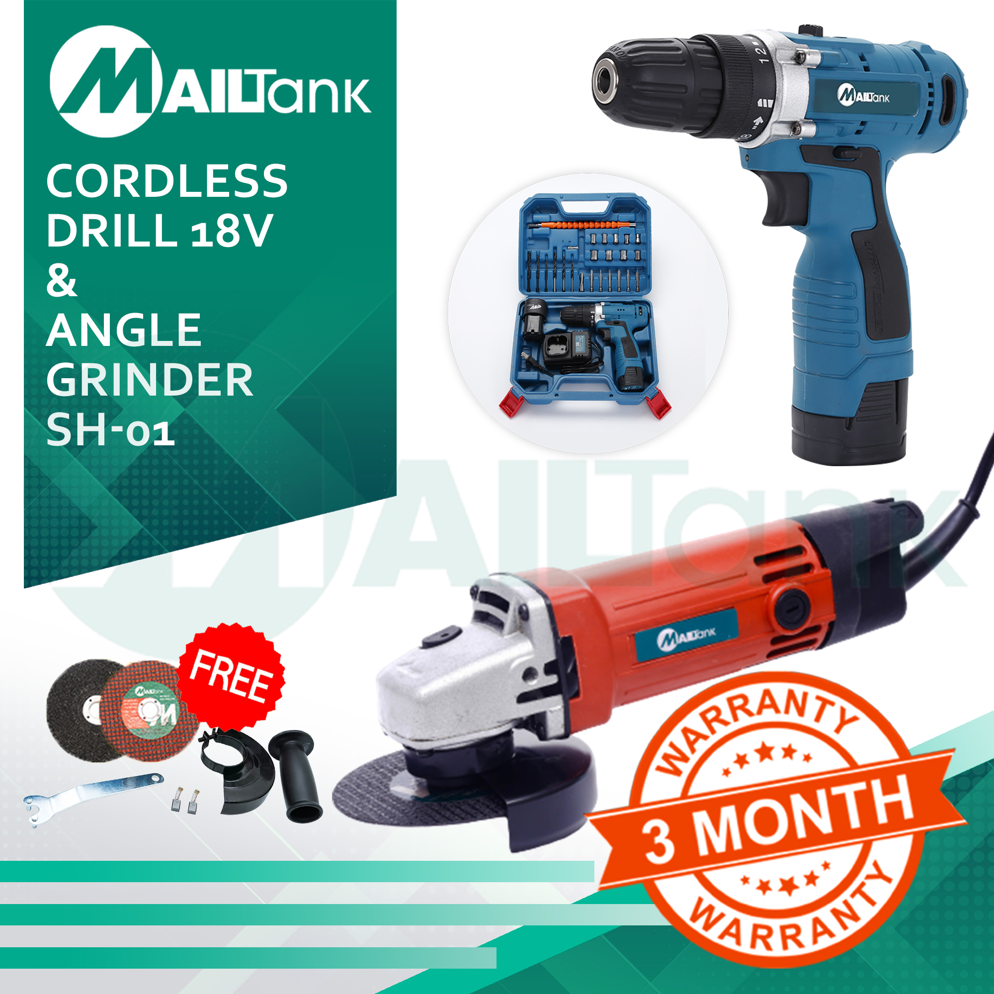MAILTANK (SH05+SH189) Angle Grinder (Green) and Cordless Drill 18V ...