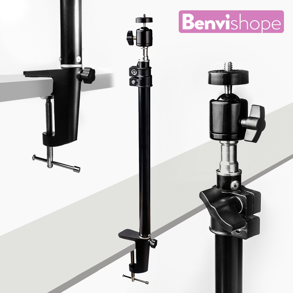 C Clamp Desk Mount Light Stand with 1/4" Ball Head and Hot Shoe Mount ...