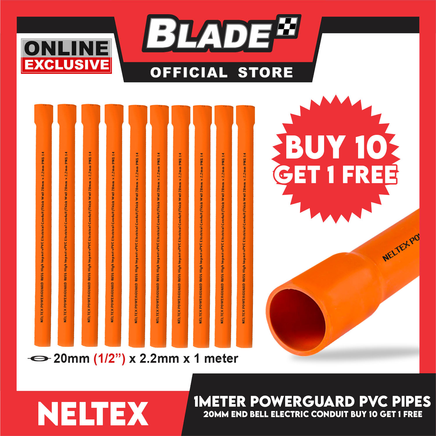 Buy 10 Get 1 Free Neltex PVC Powerguard Pipe with End Bell 20mm x ...