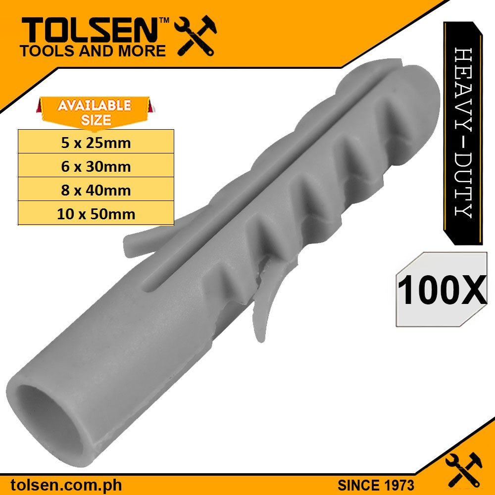 Tolsen 100pcs Tox Nylon Wall Plug w/ Stopper (5x25 | 6x30 | 8x40 ...