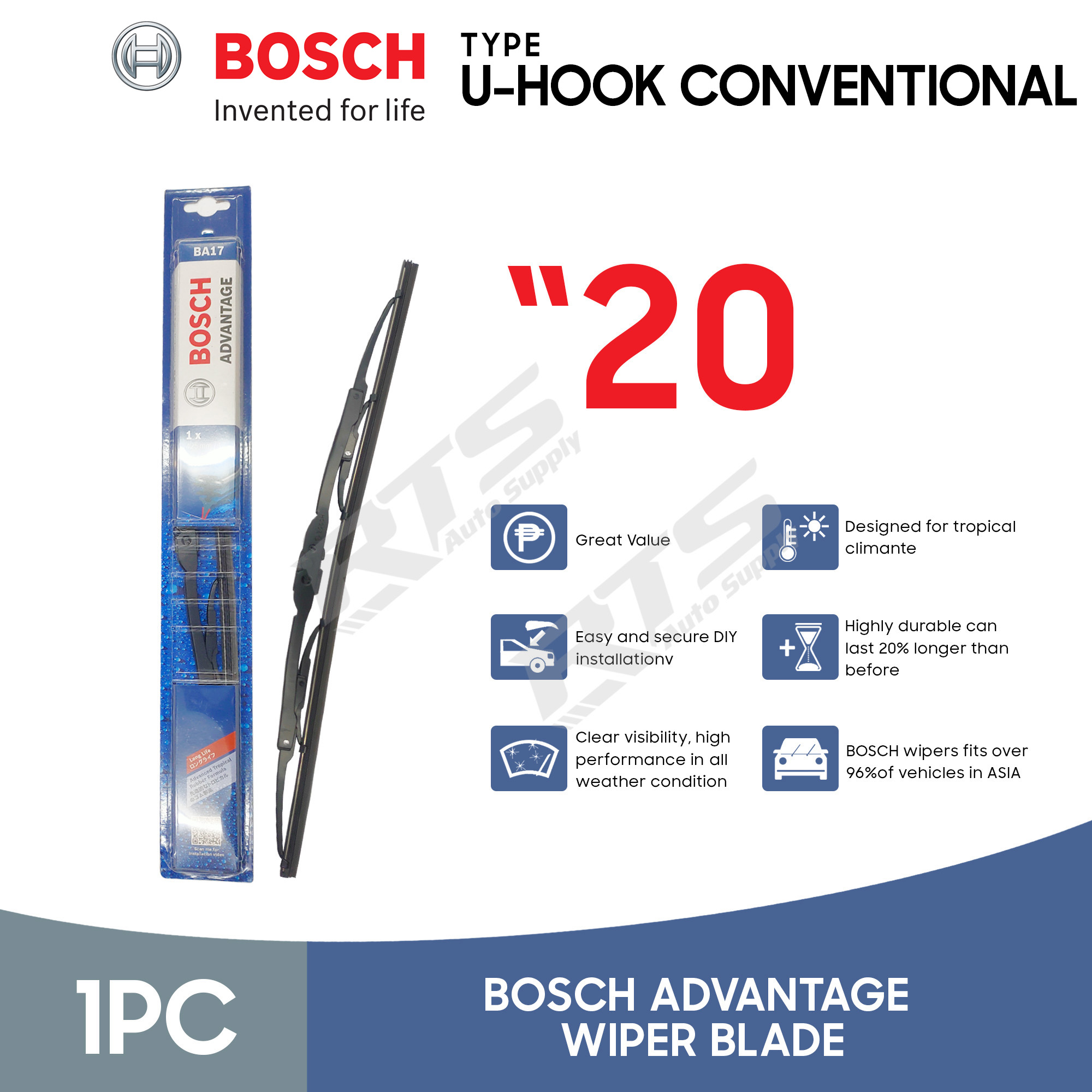 BOSCH Advantage Conventional / Standard Wiper Blade Size: 12 / 14 / 16 /17 / 18 / 19 / 20 / 21 ...