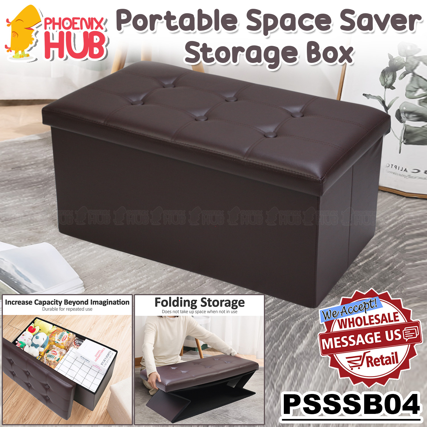 Phoenix Hub PSSSB04 Ottoman Storage Minimalist Space Saver Rectangular ...