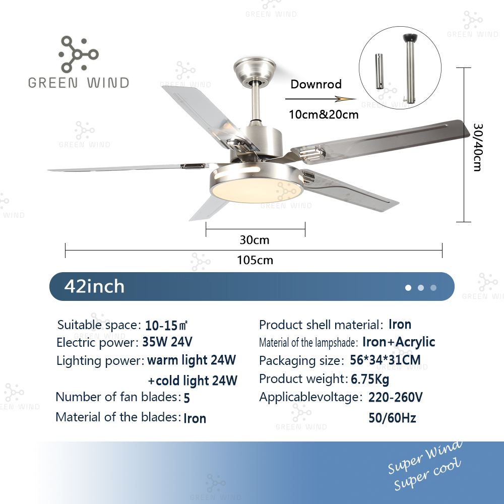 GREEN WIND Ceiling Fan With Light 42/48/52 Inch Remote Control 5 Iron ...