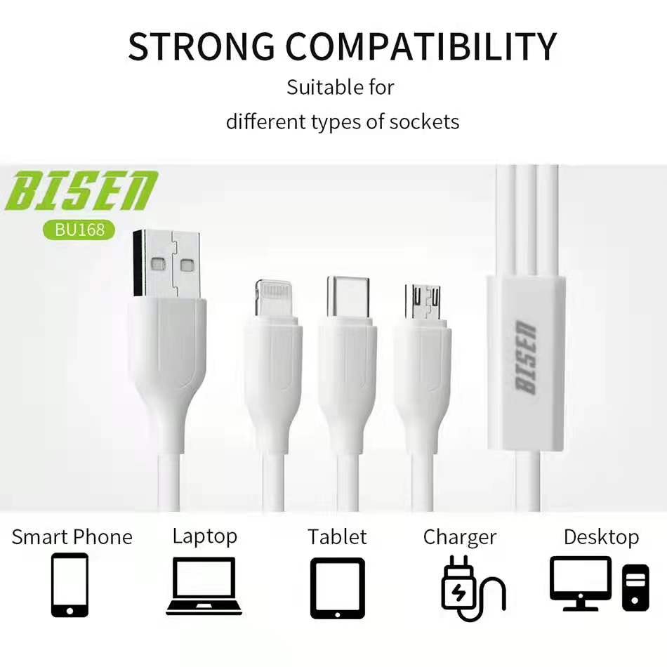2021 NEW BISEN BU168 3 in 1 Fast Charger Cable 2.4 A for Micro USB V8 ...