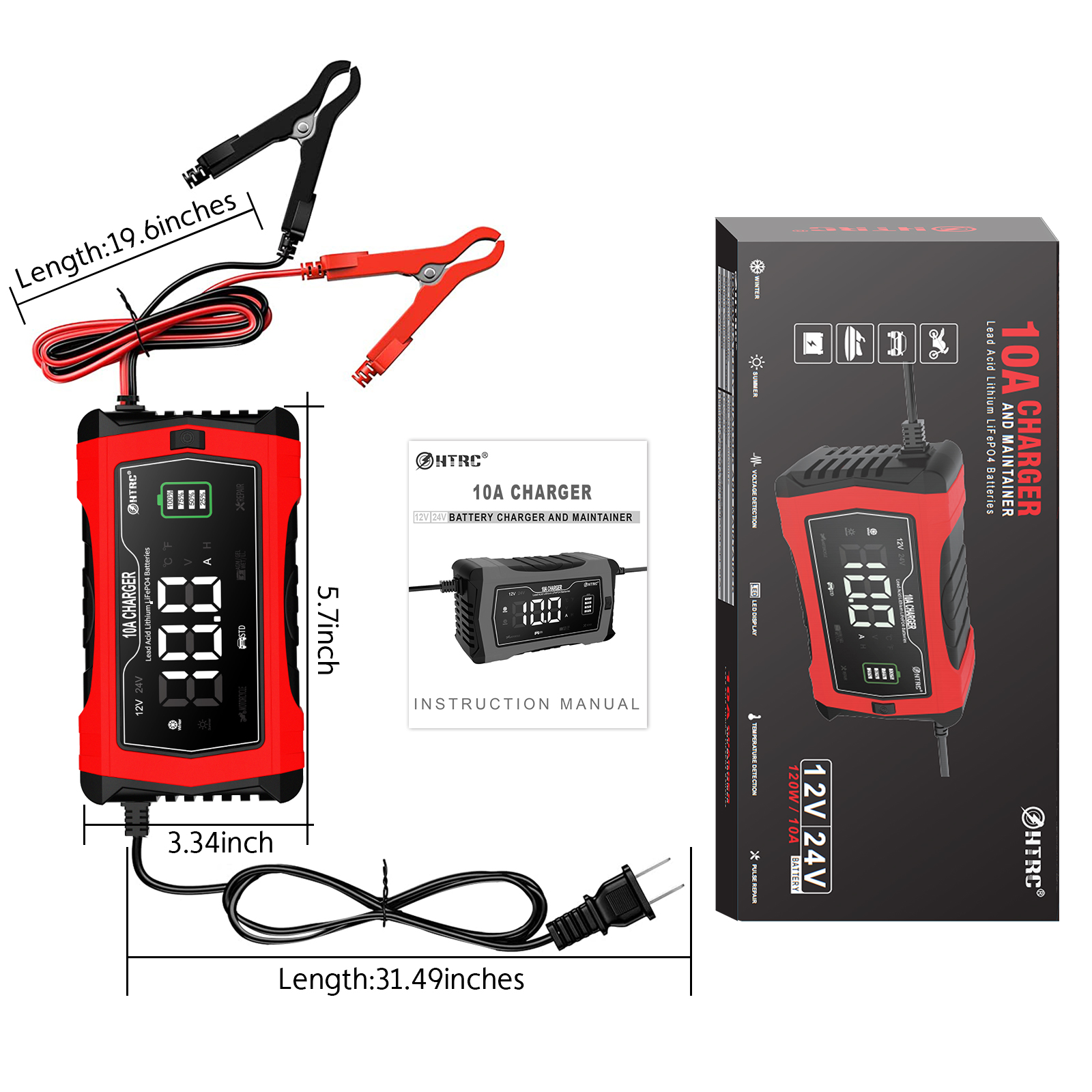 10 Amp Smart Charger, 12V and 24V Car Battery Maintainer Float Charger ...