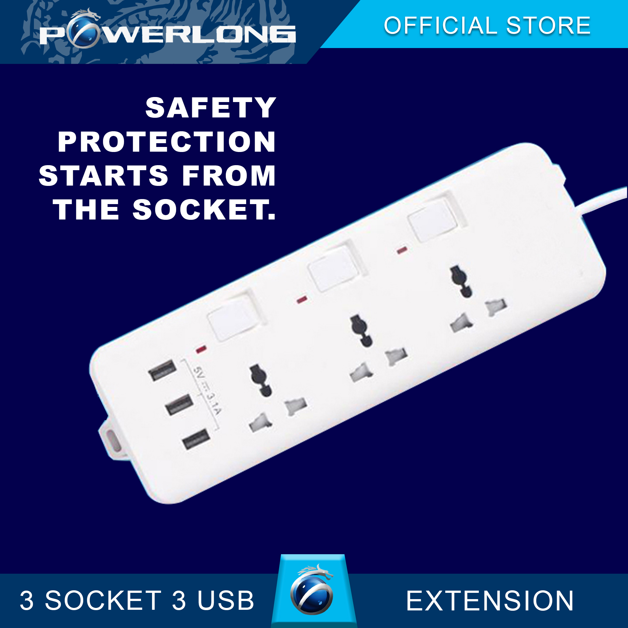 Powerlong PH Universal Extension Power Strip 3 Socket Plug Standard ...