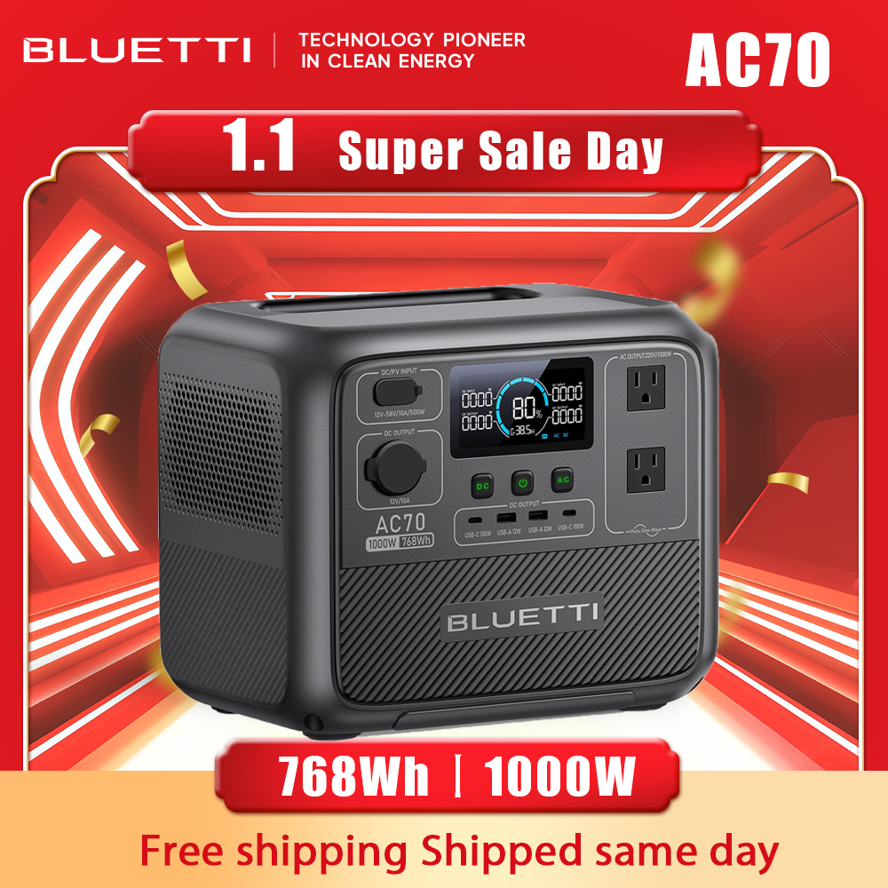 BLUETTI Portable Power Station AC70, 768Wh LiFePO4 Battery Backup w/ 2 1000W AC Outlets (Power ...