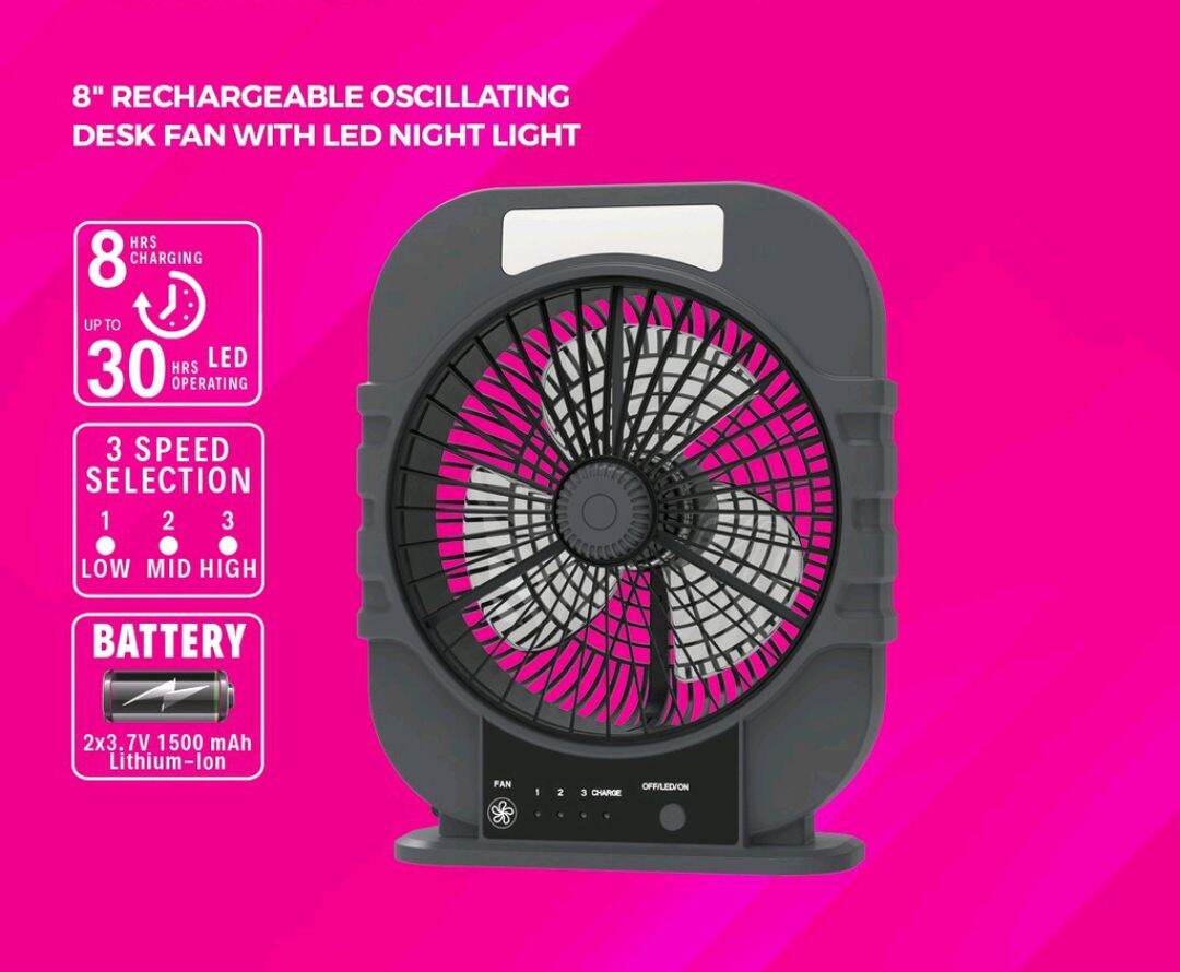 Akari 8" Rechargeable Oscillating Desk Fan with LED Night Light ARF ...
