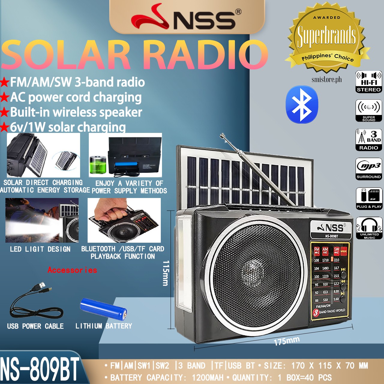 NSS Solar Bluetooth Speaker FM/AM/SW 3 Band Radio With Emergncy Light ...