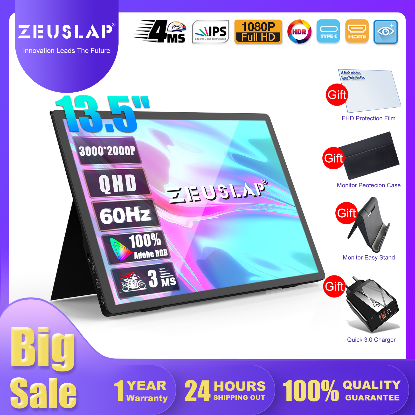 ZEUSLAP 13.5inch portable lcd gaming monitor with type c usb c hdmi ...