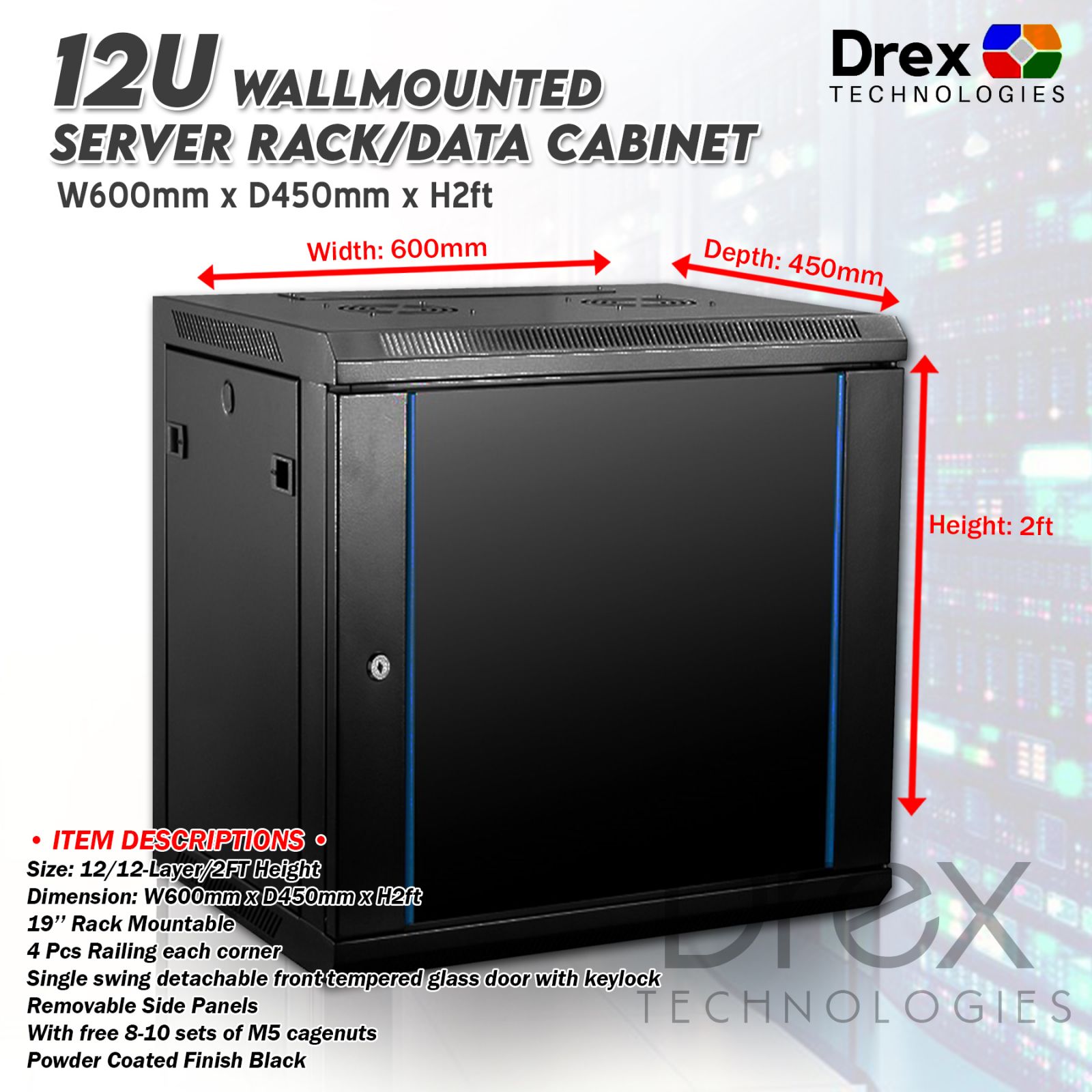 Network Equipment Cabinet 12U Wall Mount Network Cabinet 16in Deep ...