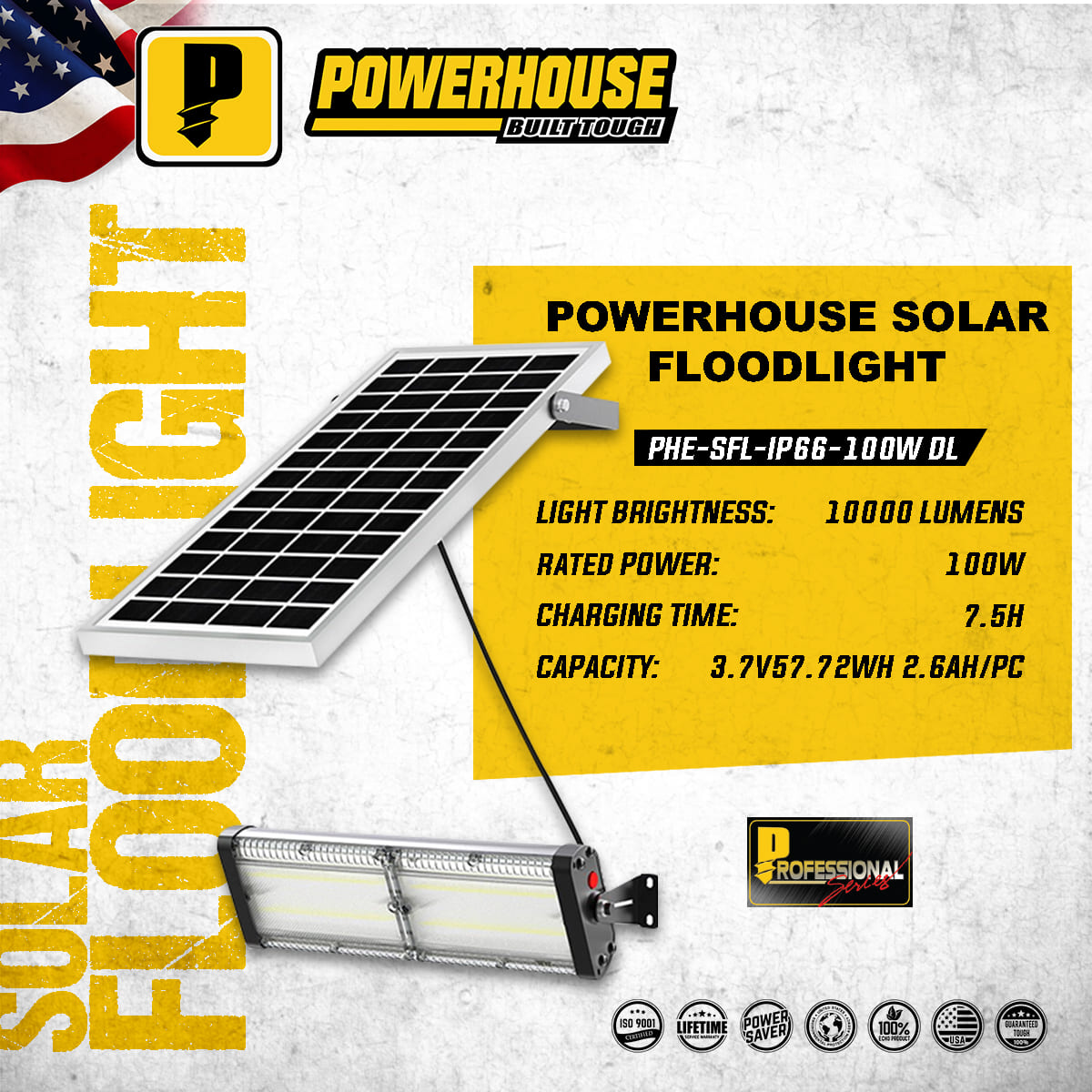 POWERHOUSE Electric Solar Flood Light IP66 6500K 100W Street Flood Light Outdoor Security ...