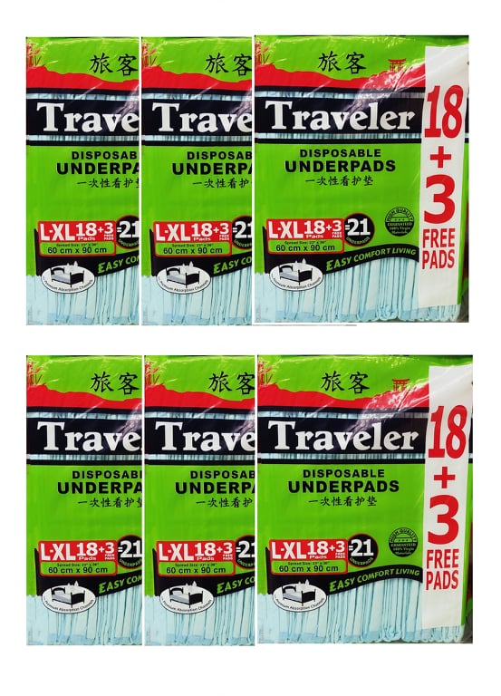 Traveler Disposable Underpads L-XL 18's + 3 FREE Pads by 6 Packs ( 126 ...