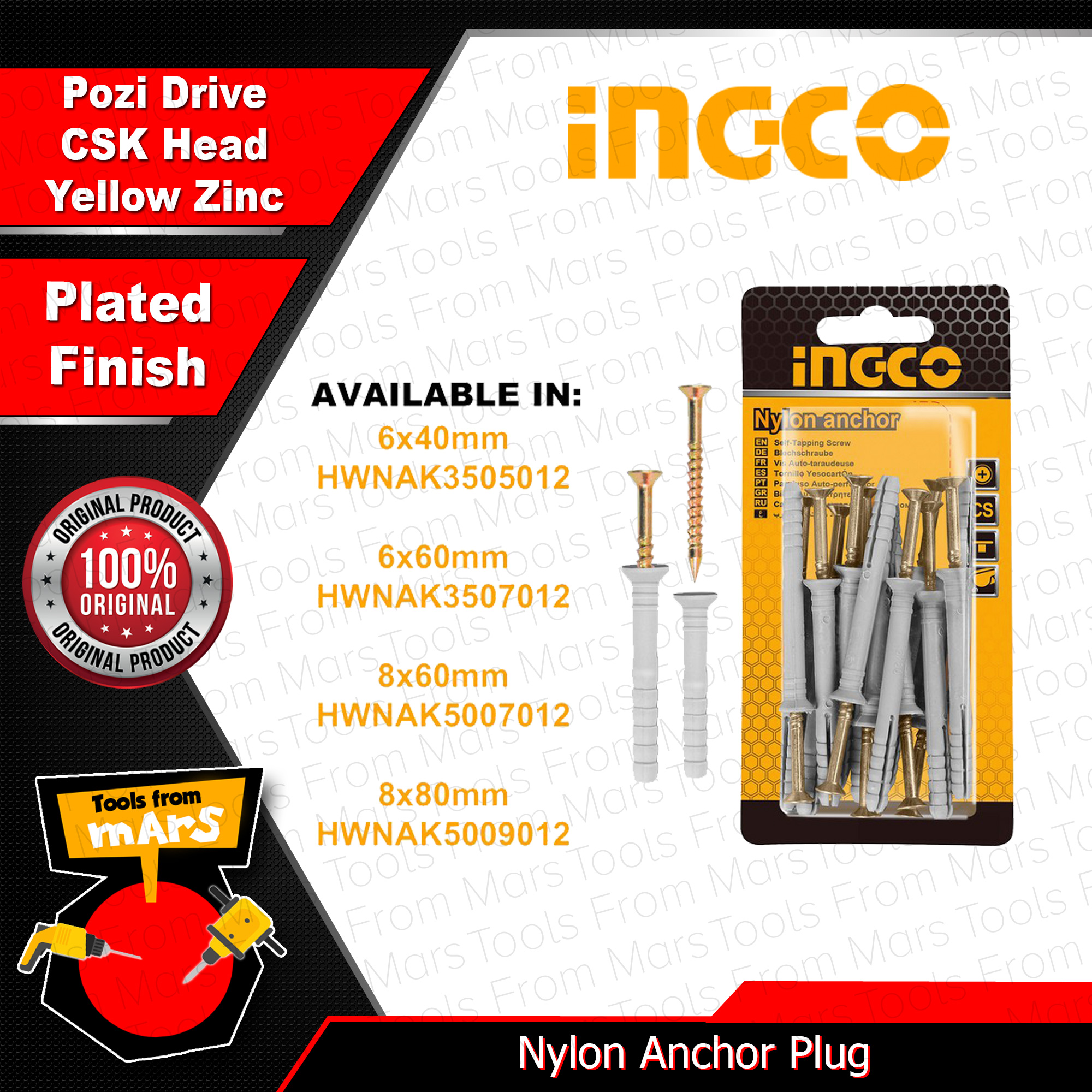 INGCO Original Nylon Anchor Plug Tox with Screw Pozi Drive CSK Head ...