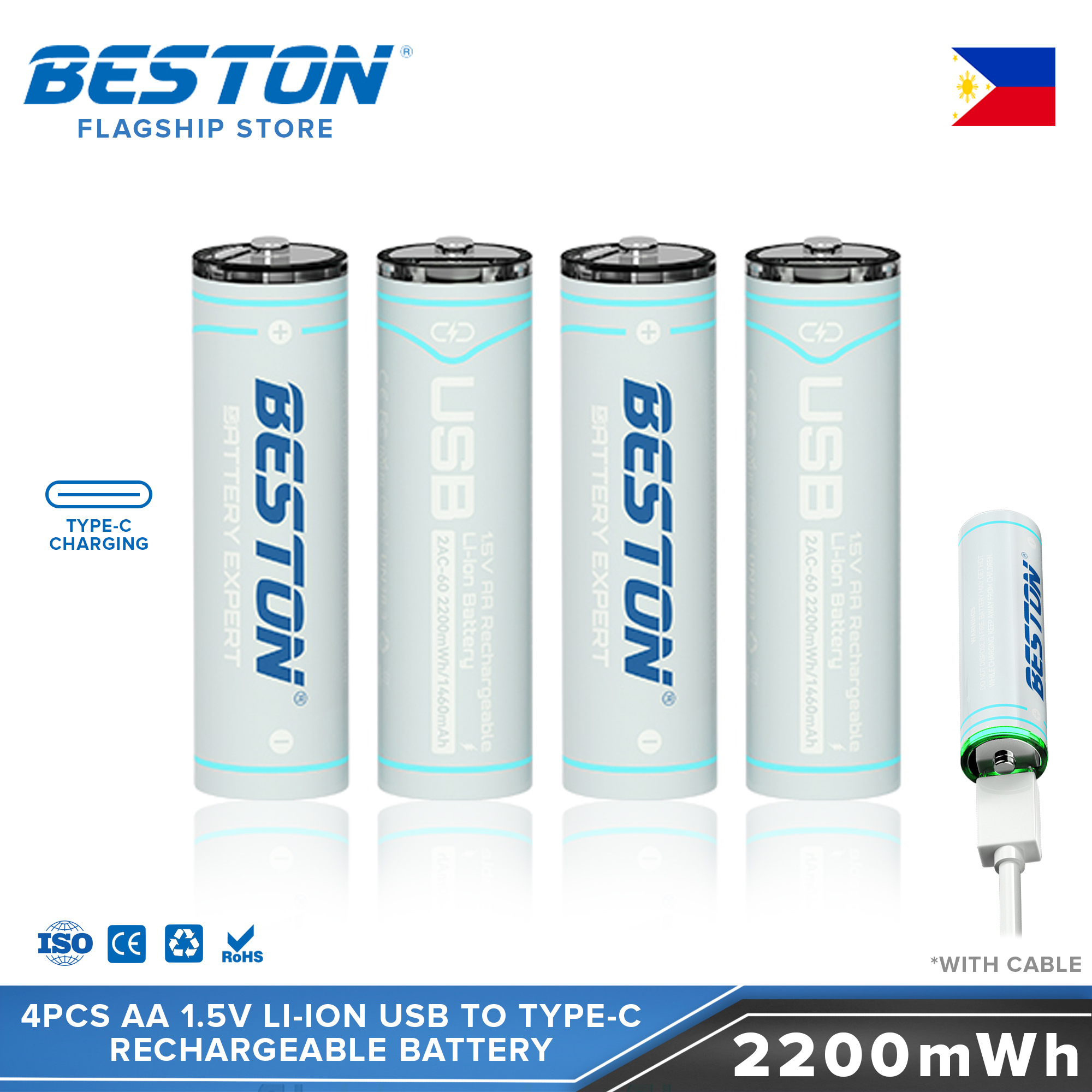 Beston 4pcs AA 1.5V Li-ion USB to Type C Rechargeable Lithium Battery ...