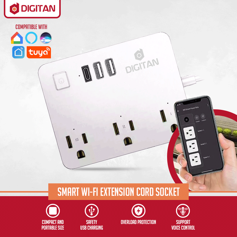 Smart Wifi Extension Cord Socket Digitan Power Strip 3 Plug with USB-C ...
