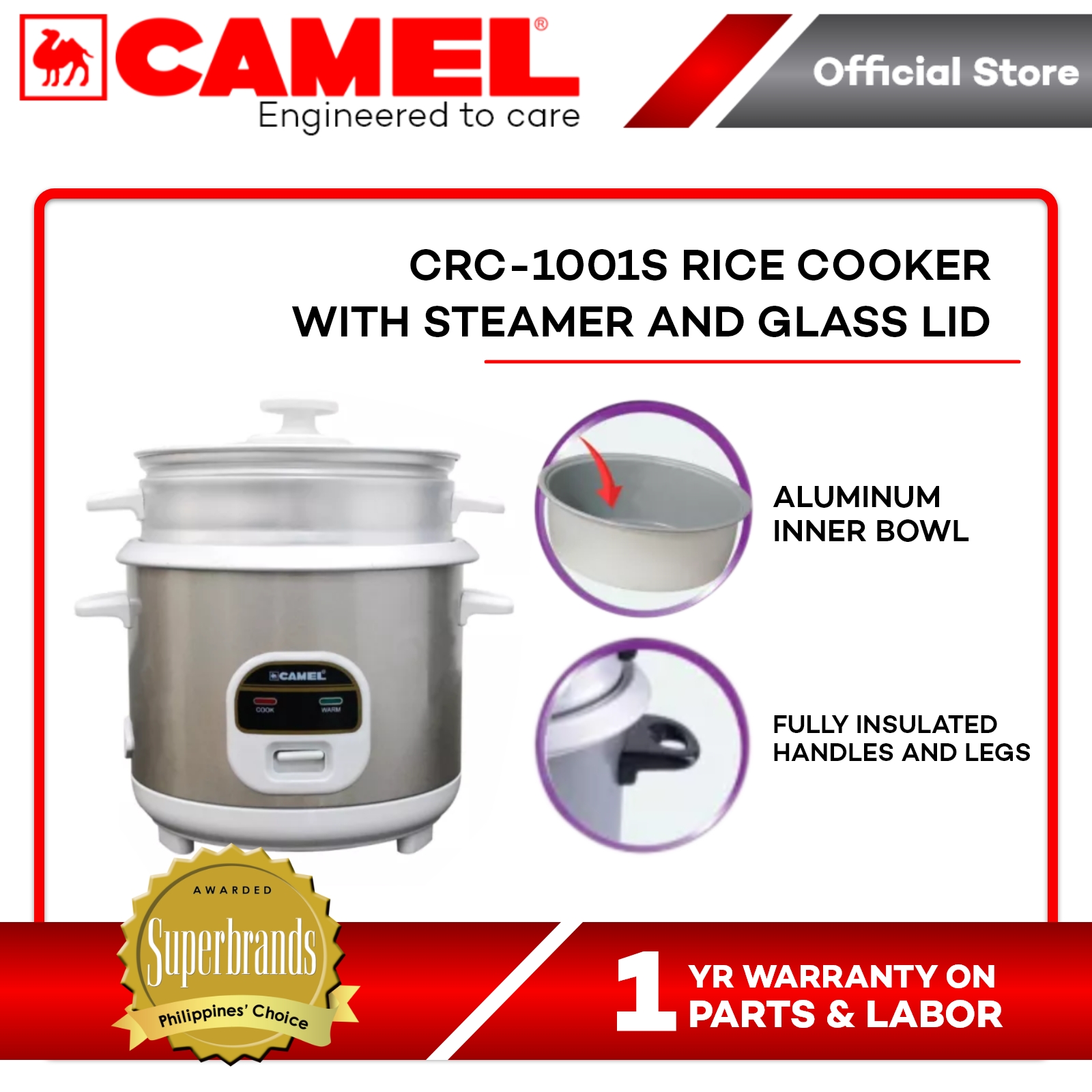 Camel CRC-1001S Rice Cooker with Steamer and Glass Lid (5P cups / 1.0L ...