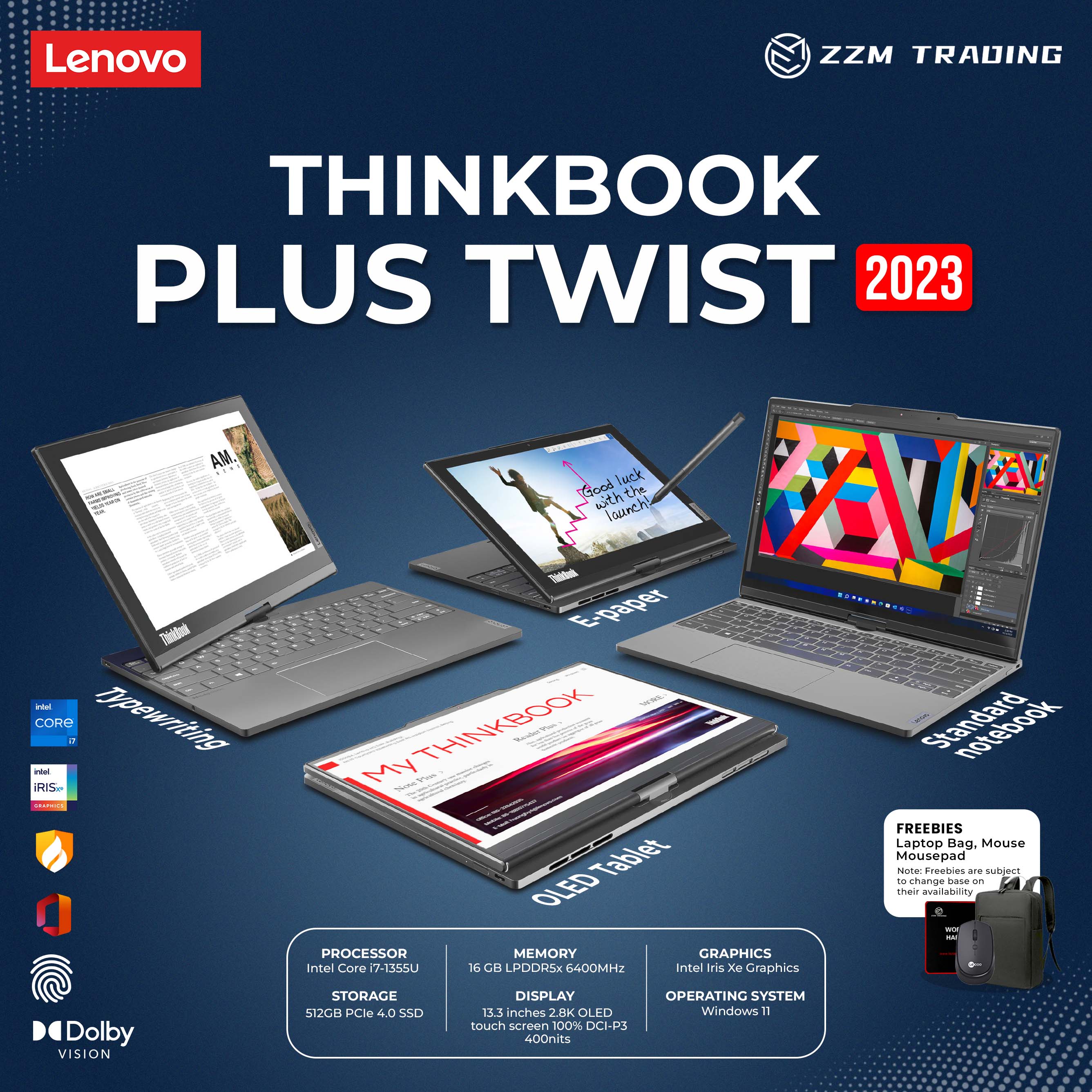 PRE ORDER Lenovo ThinkBook Plus Twist 2023 13 inch 2.8K Res Core i7-1355U OLED touch screen ...