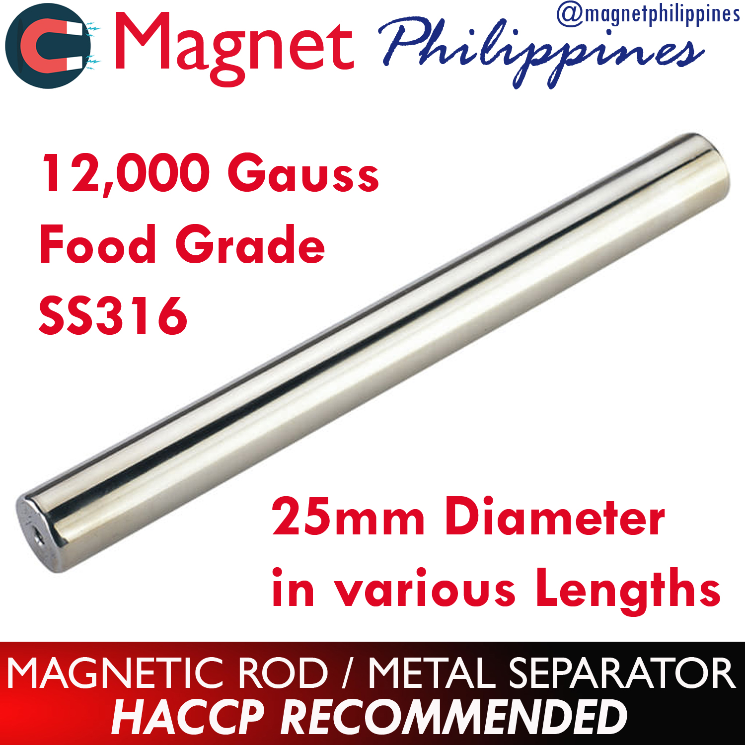 N52 Magnetic Rod Metal Separator MagSep Bar 25mm Diameter (100 / 150 ...
