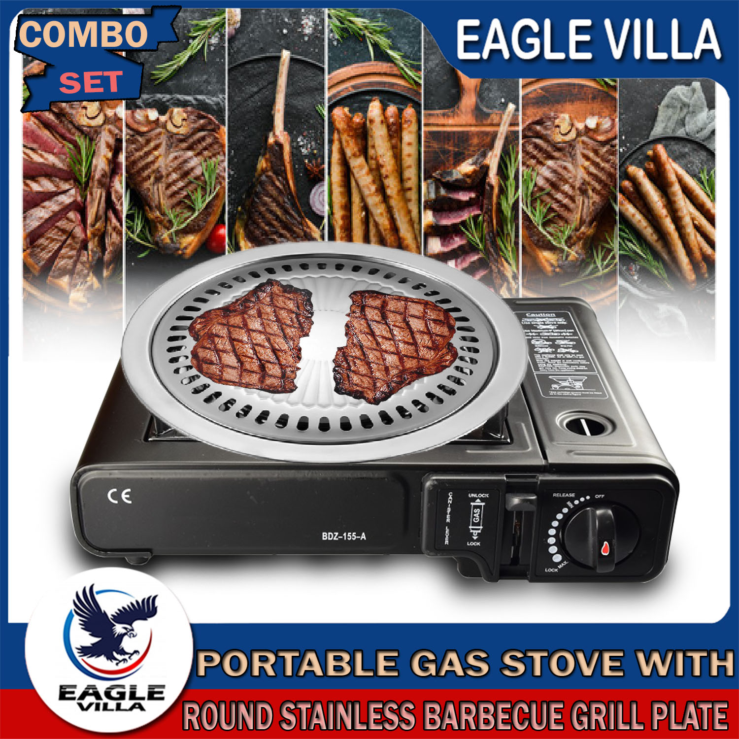 Eagle Villa Smokeless NOT Non-stick Round Stainless Smokeless Barbecue Grill Plate +Portable ...