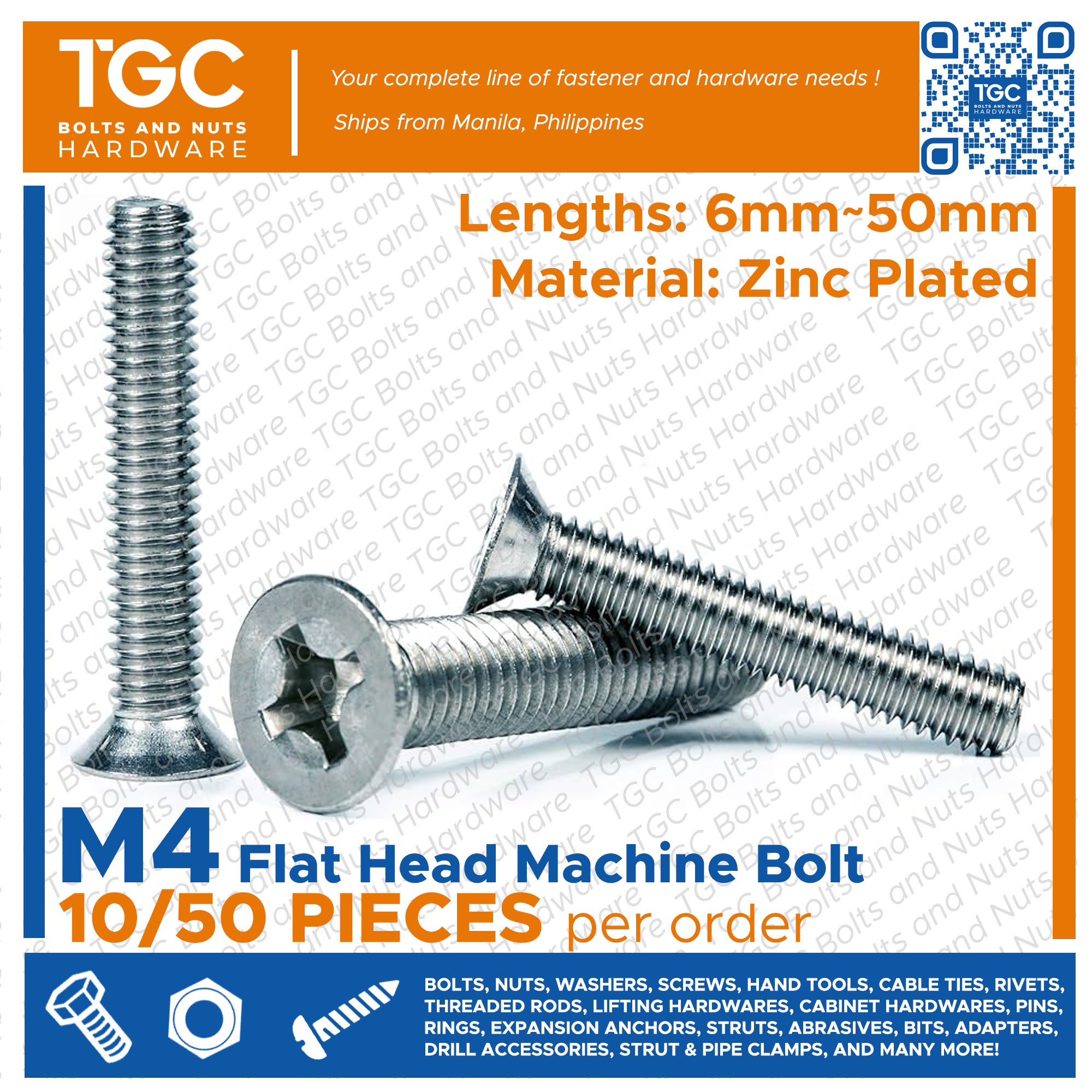 TGC 10/50PCS M4 ( 4mm ) x 6 up to 100mm Flathead JF Bolt / Stove Bolt / Galvanized Flat Head ...