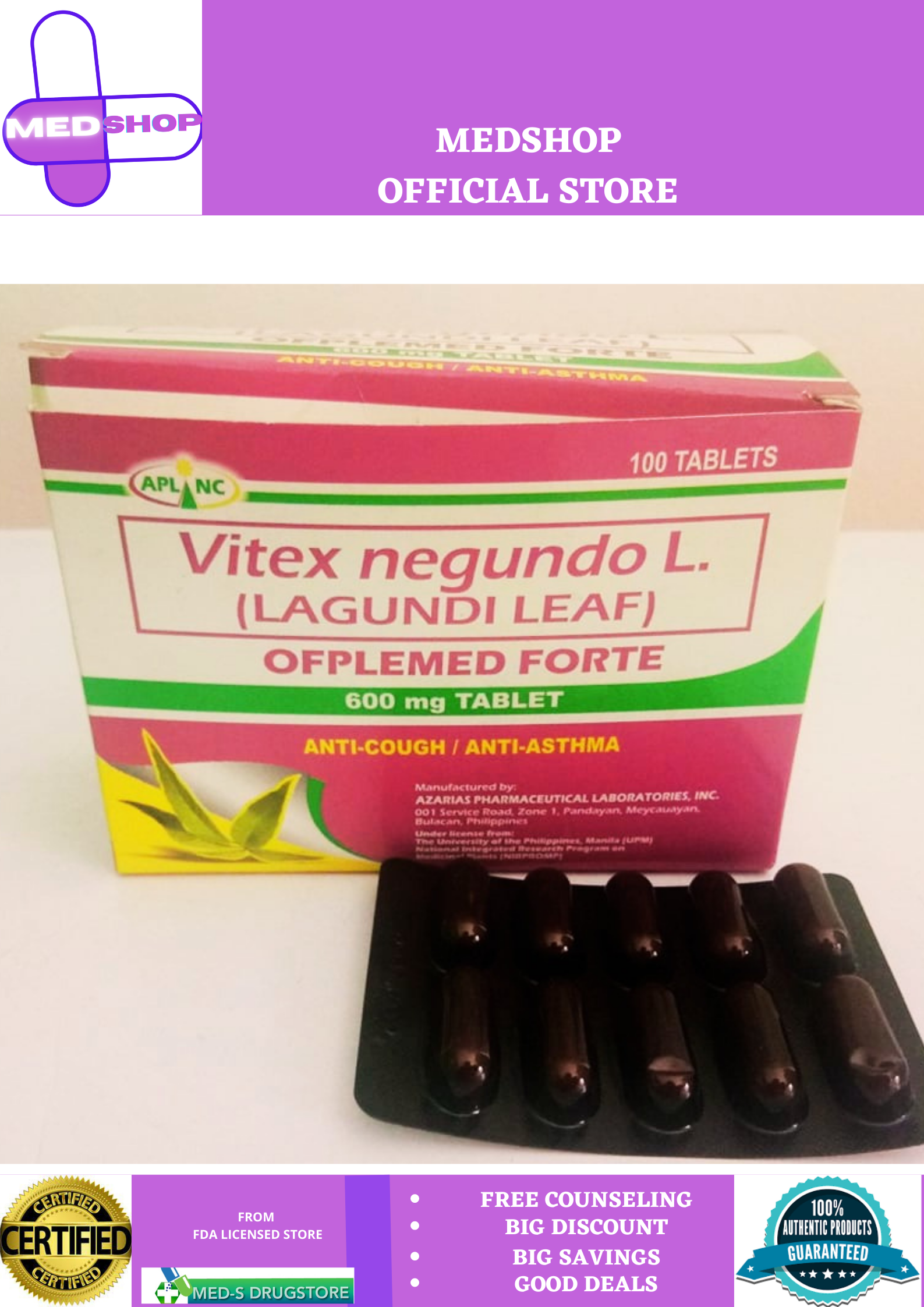 OFPLEMED - VITEX NEGUNDO L. (LAGUNDI LEAF) 600mg TABLET Anti-Cough ...