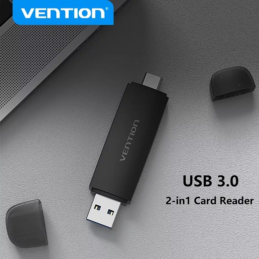 Vention 2-in-1 USB 3.0 A+C Card Reader(SD+TF) Black Dual Drive Letter ...