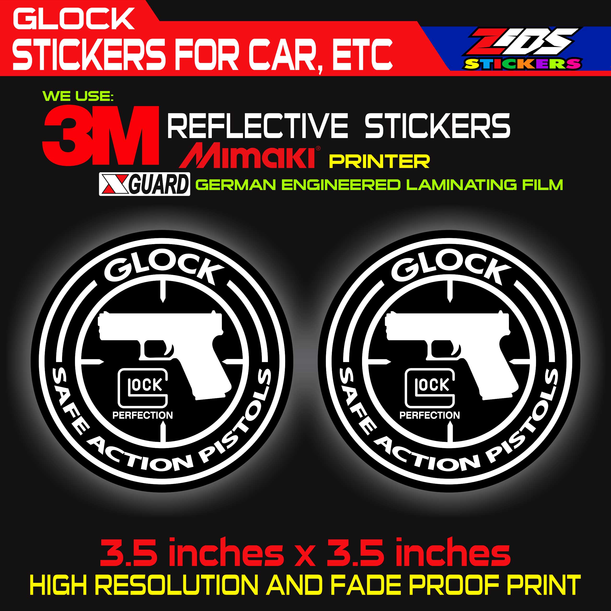 glock 3M reflective printed laminated sticker for cars, motorcyle ...