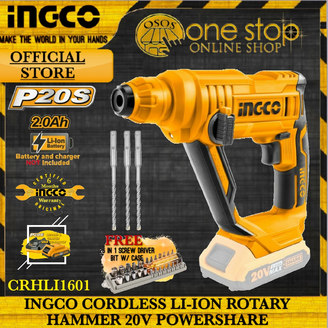 INGCO Original Lithium-Ion Cordless Rotary Hammer POWERSHARE 20V with ...