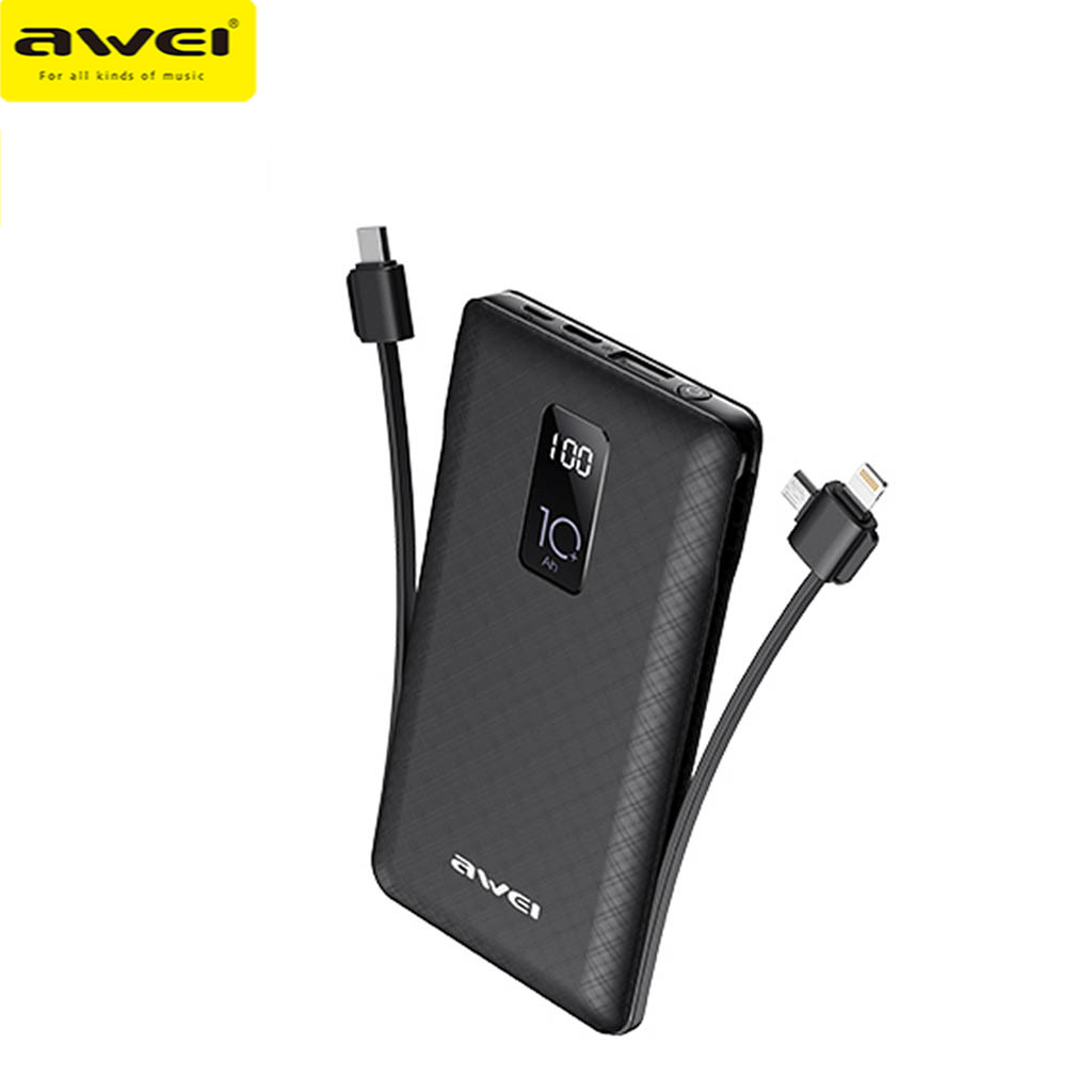 Awei P8K 10000mAh Powerbank Fast Charging with Built-in Cable Type-C ...